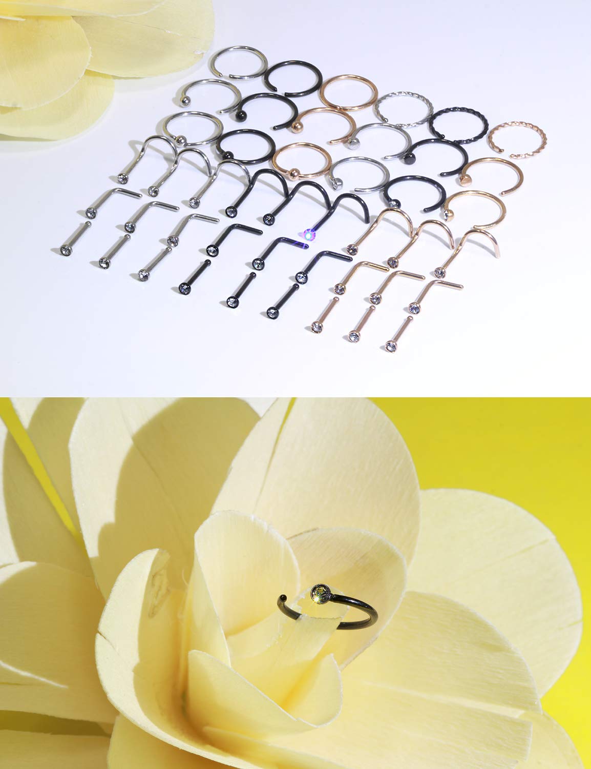 Ftovosyo 20g Nose Rings Studs Surgical Steel Nose Rings Hoop Piercing Jewelry for Women Men Set 45pcs Silver Rose Gold Black L Shaped Screw Nose Stud