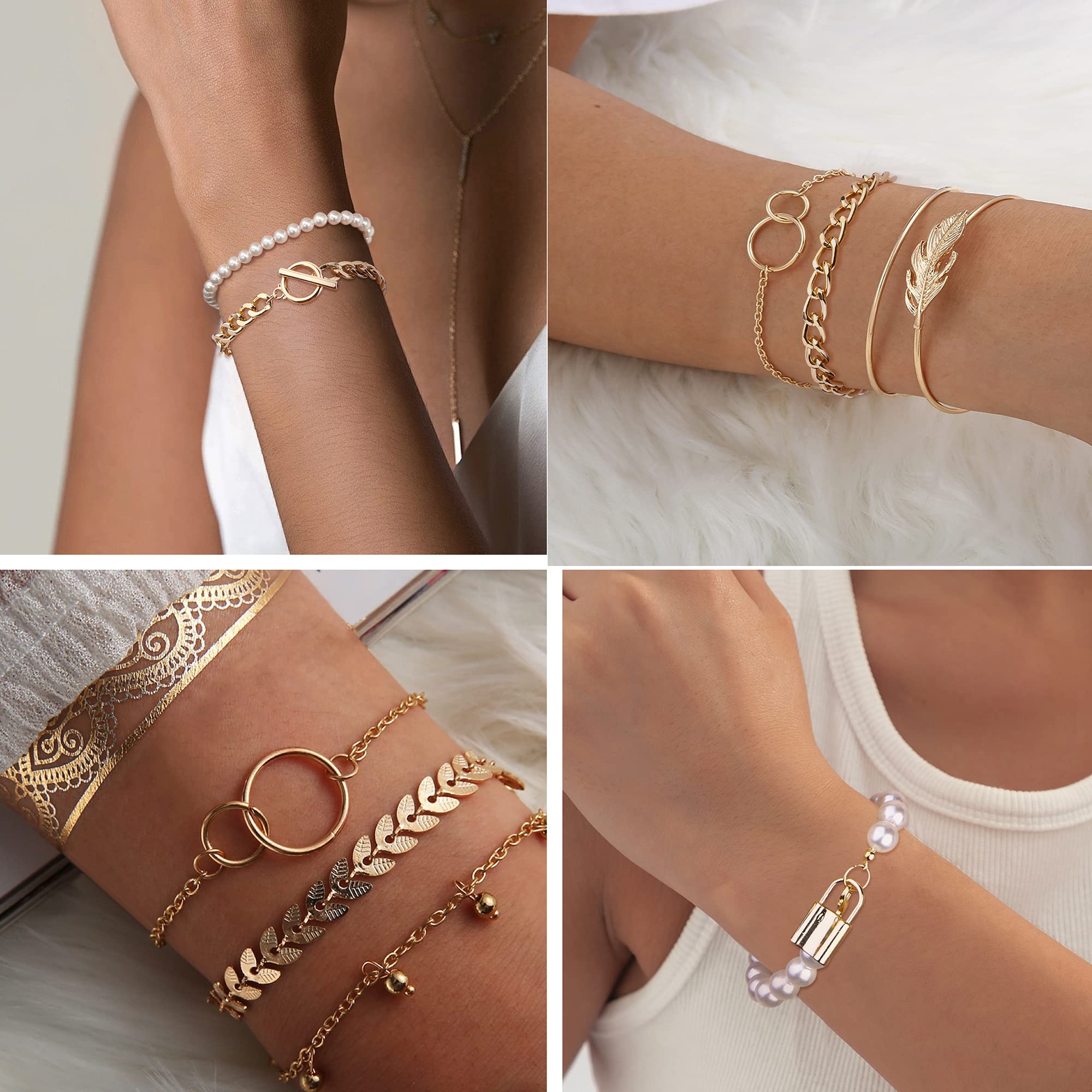 FUNRUN JEWELRY 30PCS (6 PACK) Gold Bracelets Set for Women Multiple Layered Boho Stackable Chain Bracelet Cuff Wrap Bangle Adjustable Fashion Paperclip Link Italian Cuban Bracelet Jewelry