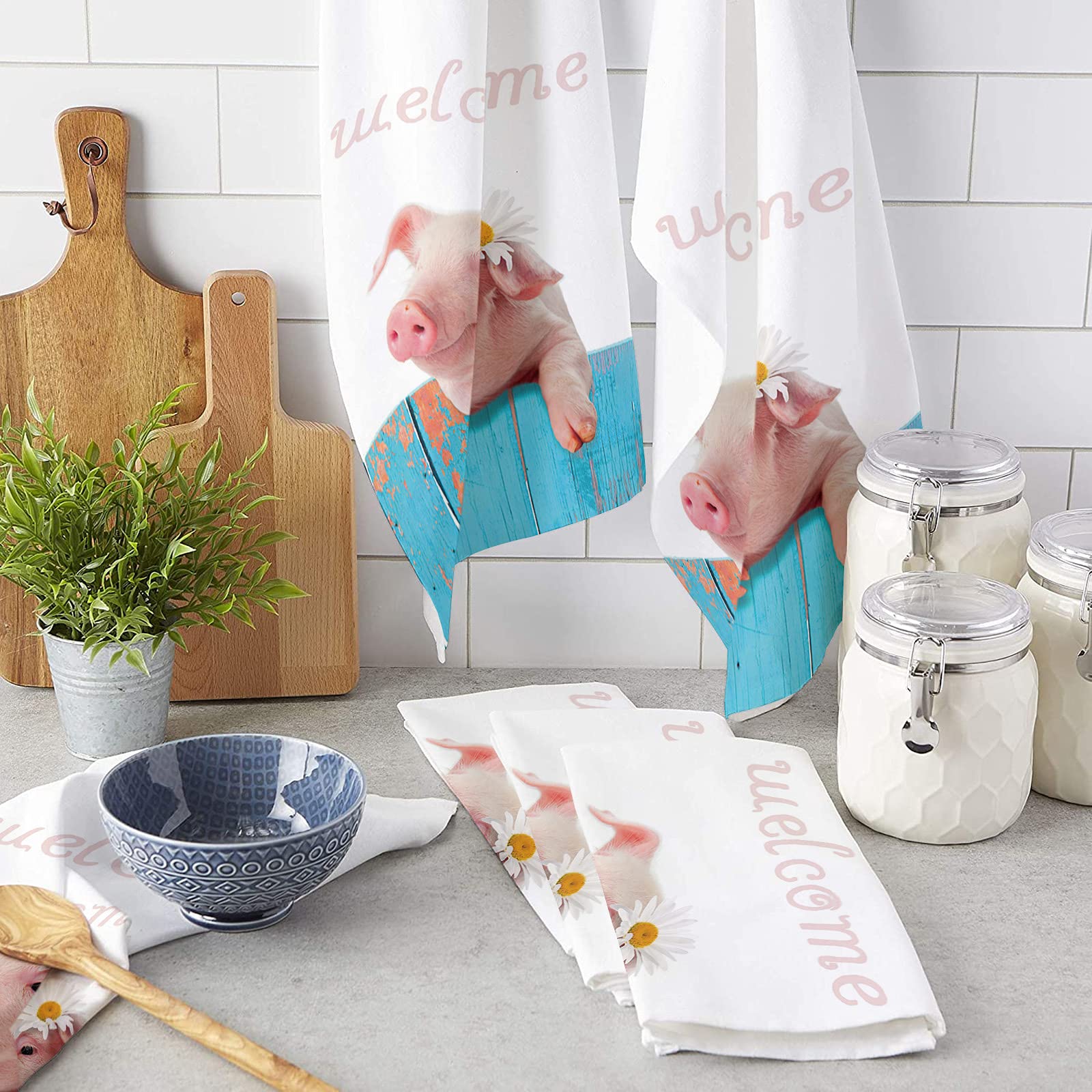 Kitchen Towels Set Farmhouse Pig Dish Towel Blue Wood Grain Dishcloths 2 Pack, 18x28 Inches Absorbent Soft Cotton Dish Cloths Bar Towels & Tea Towels