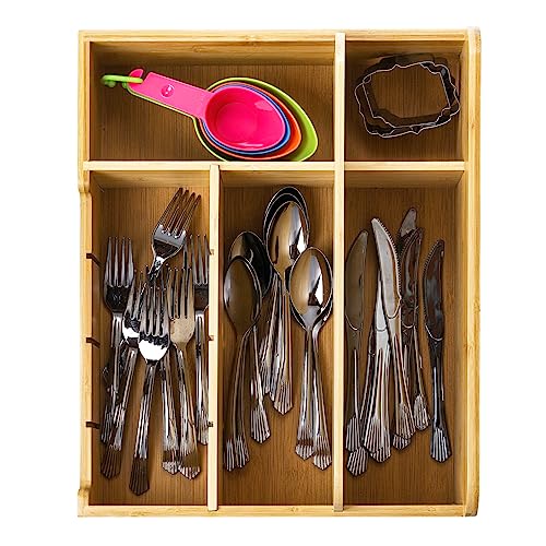 Frcctre Bamboo Utensil Caddy Organizer for Countertop, 8 Compartment Paper Plate Holder, Adjustable Utensil Holder Silverware Organizer Cutlery Organizer Box for Plate, Cup, Fork, Spoon, Napkin