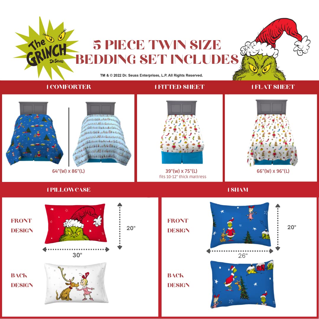 Franco Grinch by Dr. Seuss Holiday & Christmas Bedding Soft Comforter and Sheet Set with Sham, 5 Piece Twin Size, (Official Dr. Seuss Product)