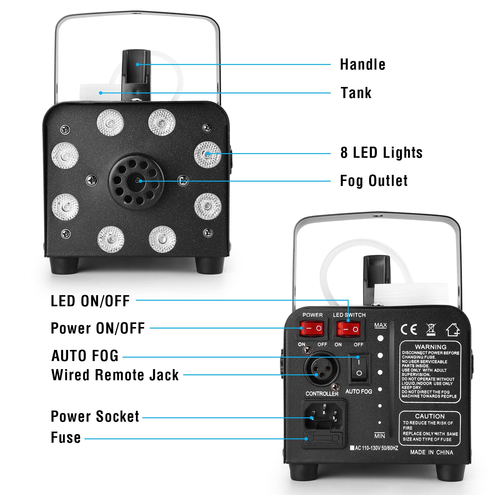 Fog Machine, HAKUTA Automatic Spray Smoke Machine with 8 LED Lights and 13 Colorful LED Lighting Effects, 500W and 2000CFM Fog LED Fog Machine, Perfect for Wedding, Christmas, Halloween, Performance