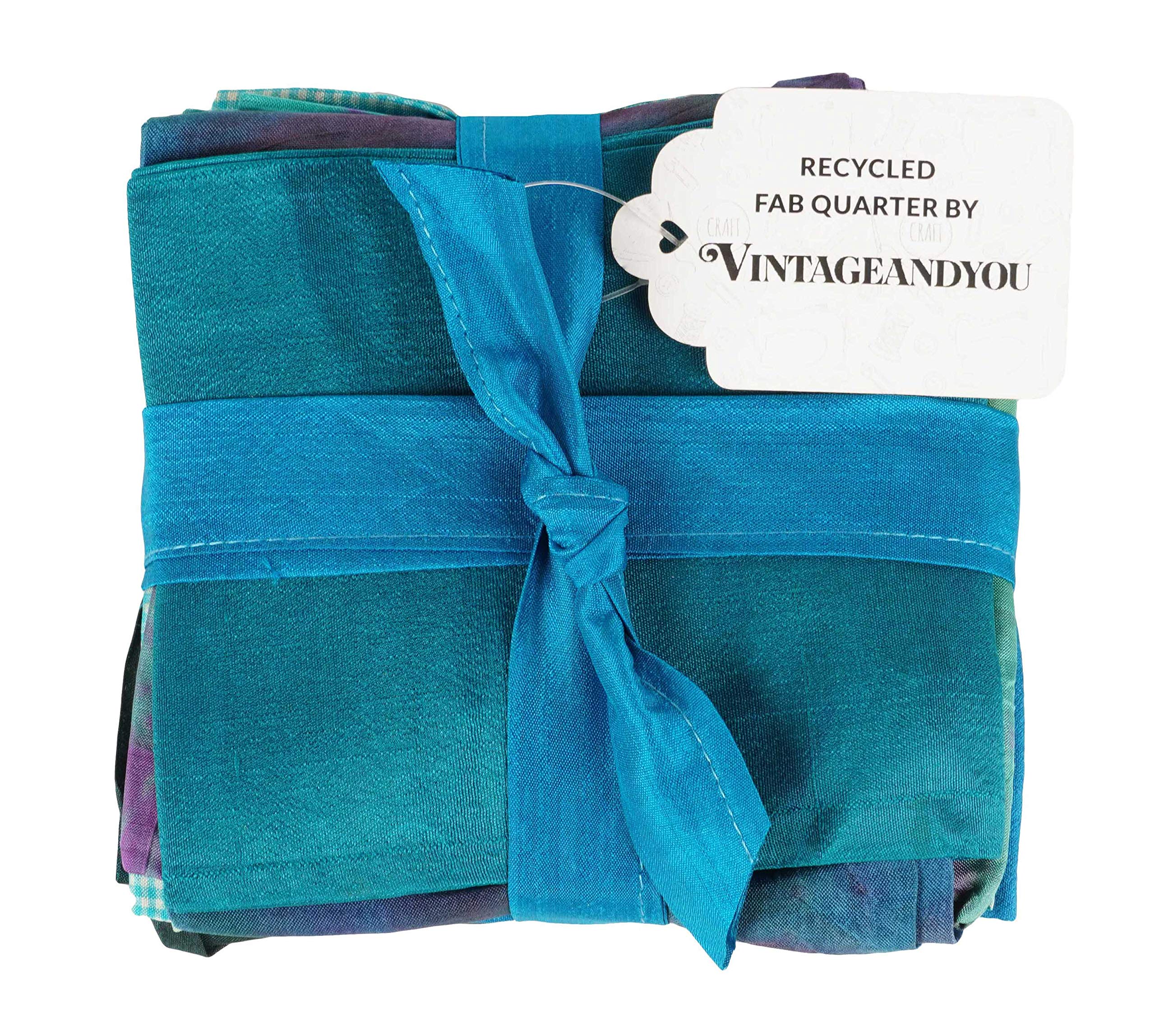 VintageandYou 12 Pieces Reclaimed Sari Silk Fat Quarter Fabric Bundle DIY Sewing Craft, 18 x 22 Inches- Sea Blue