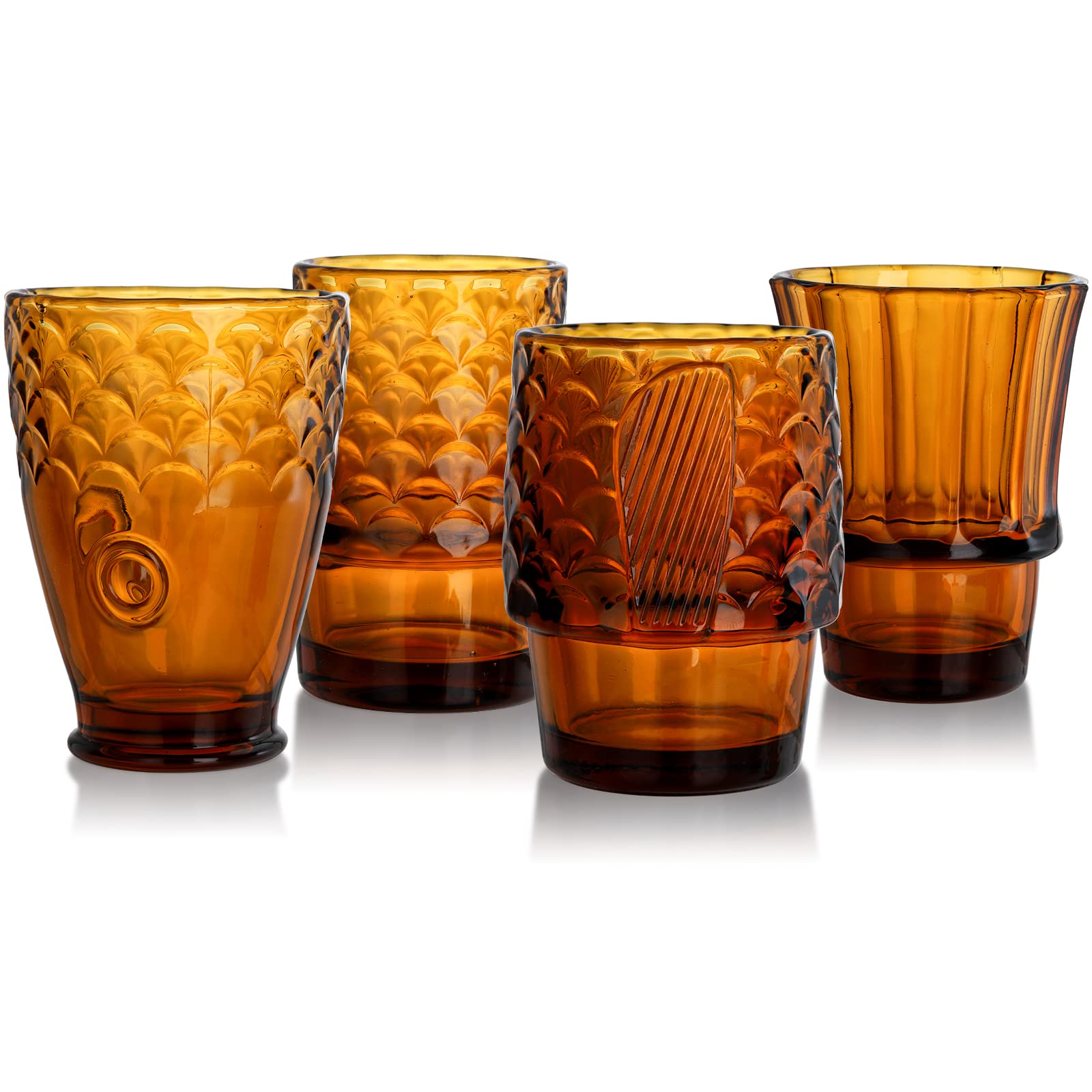 Frcctre Set of 4 Koi Fish Design Drinking Glasses, Stackable Amber Tumbler Glasses Beverage Cups Juice Tumblers Drinking Water Cups Nautical Glassware for Home, Party, Bar