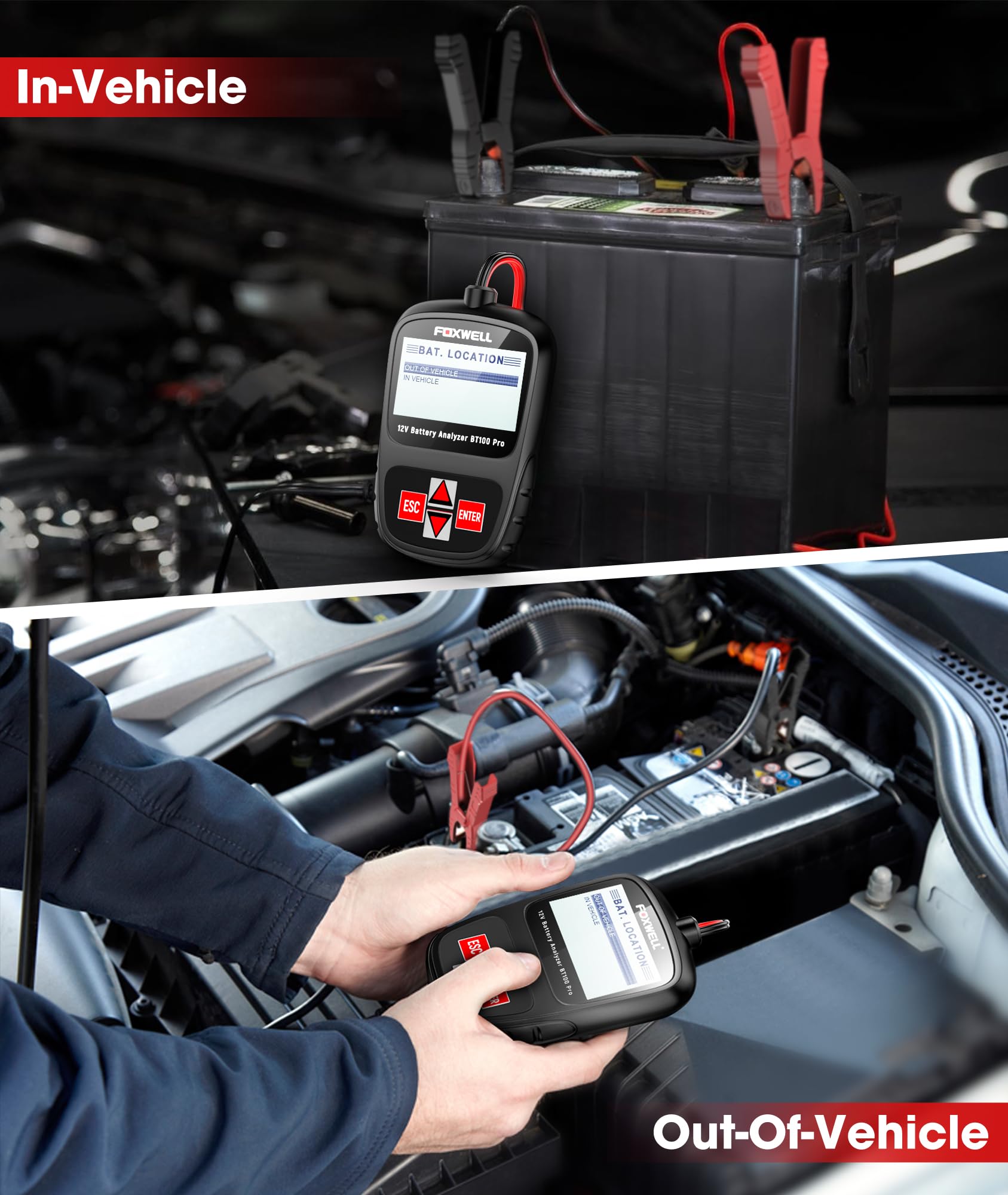 FOXWELL Car Battery Tester Analyzer BT100 Pro 12V Automotive 100-1100CCA Detect Health Faults for Regular Flooded Agm Flat Plate Spiral Gel Batteries