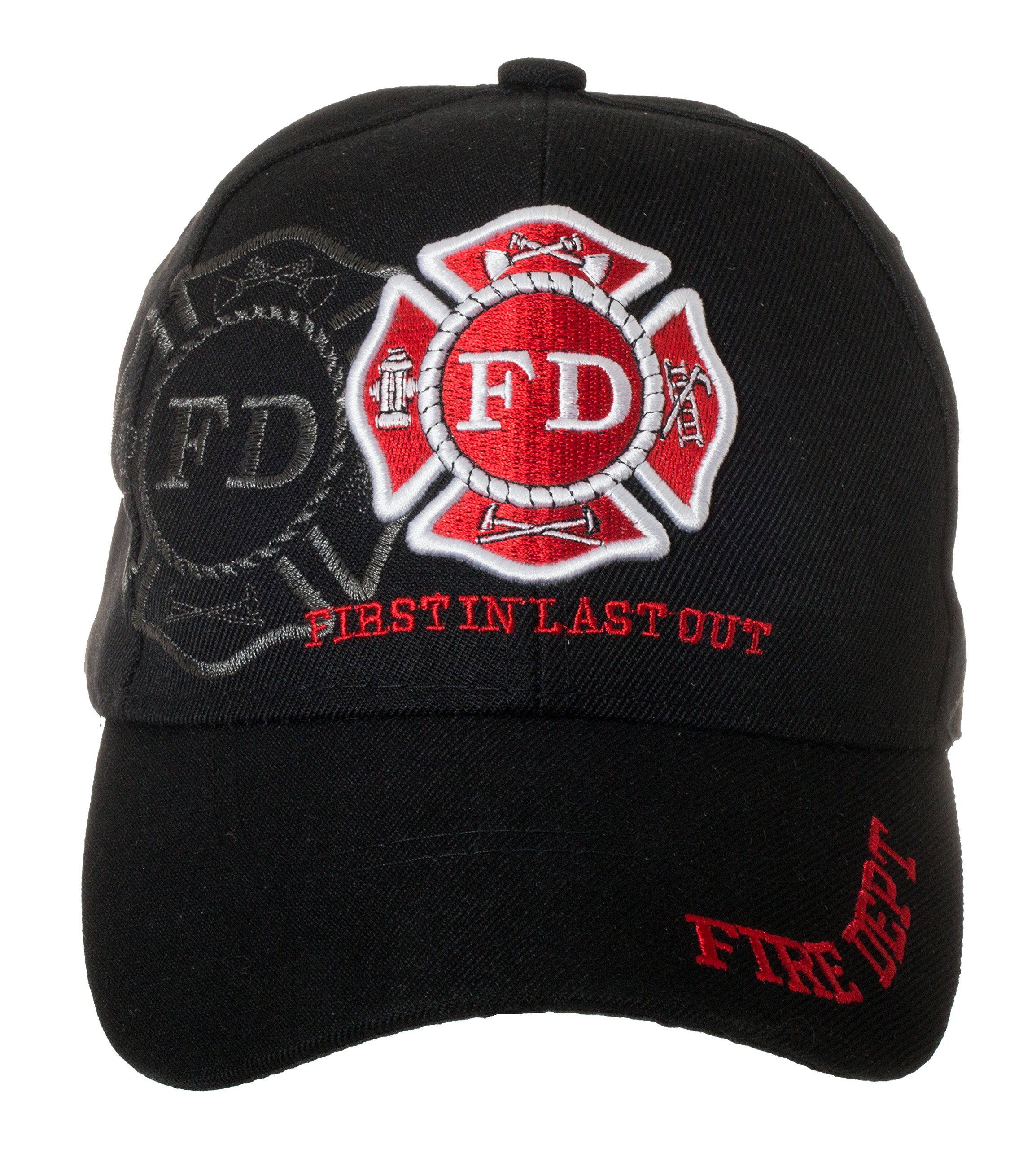 Fire Department First in Last Out Cap - Firefighter Gift - Embroidered Hat (Black)