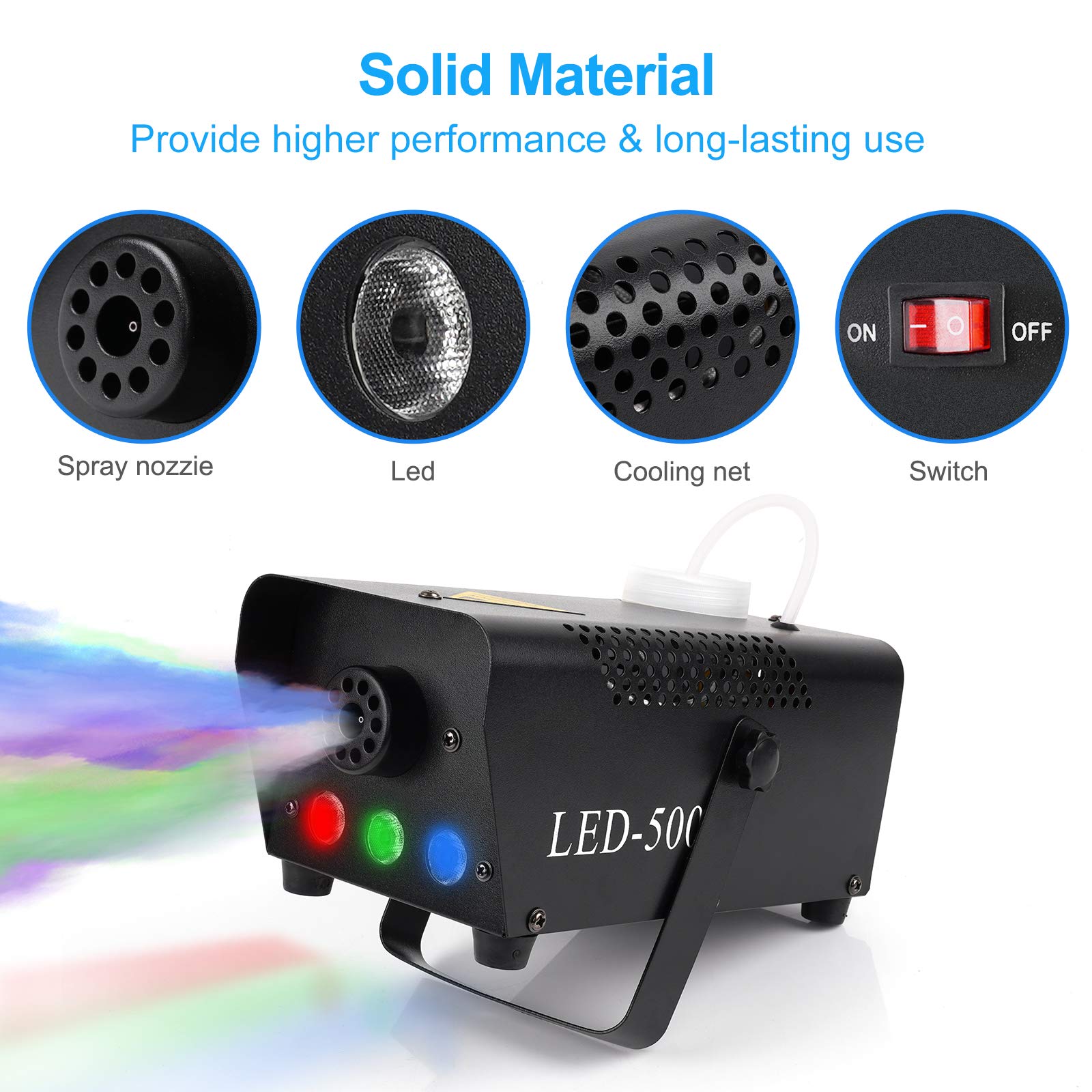 Fog Machine, Vangoa 500W Fog Smoke Machine with 3 LED Lights, 3000CFM Fog Disinfection with Wired Receiver and Wireless Remote Control, Perfect for Wedding Halloween Christmas Party Stage Effect
