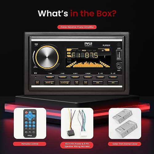 Pyle Boat Bluetooth Marine Stereo Receiver-Marine Head Unit Double DIN Stereo Receiver Power Amplifier-Hands-Free Calling,LCD,AM/FM/MP3/BT/USB/AUX-Remote Control,Wiring Harness-Pyle PLR2DN