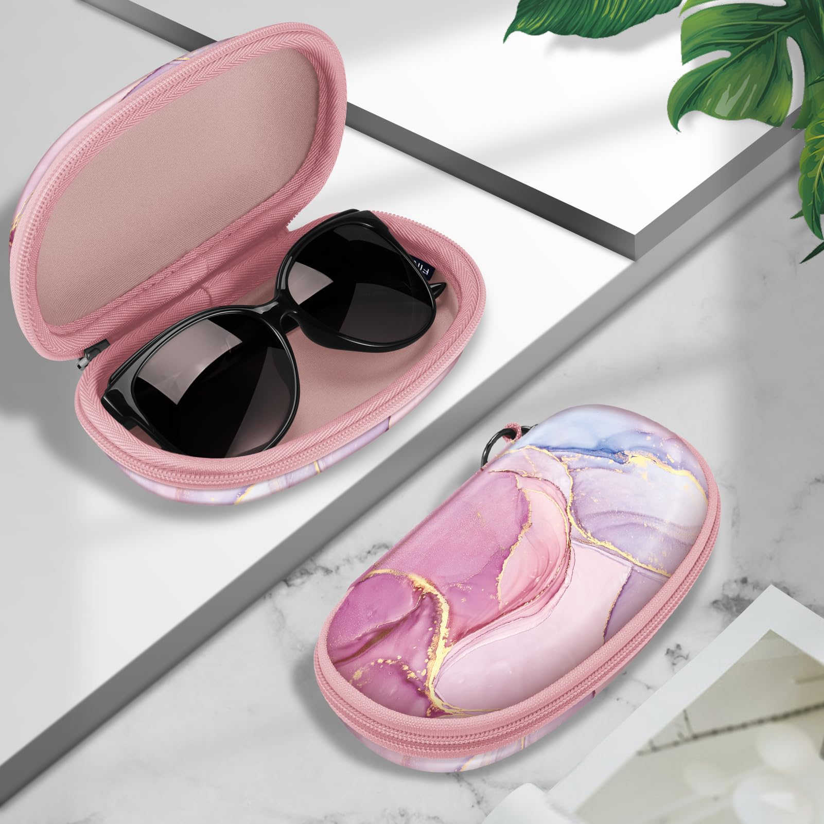 Fintie Sunglasses Case with Carabiner, Hard Shell Shockproof Sport Glasses Case Travel Zipper Eyeglasses Case, Glittering Marble