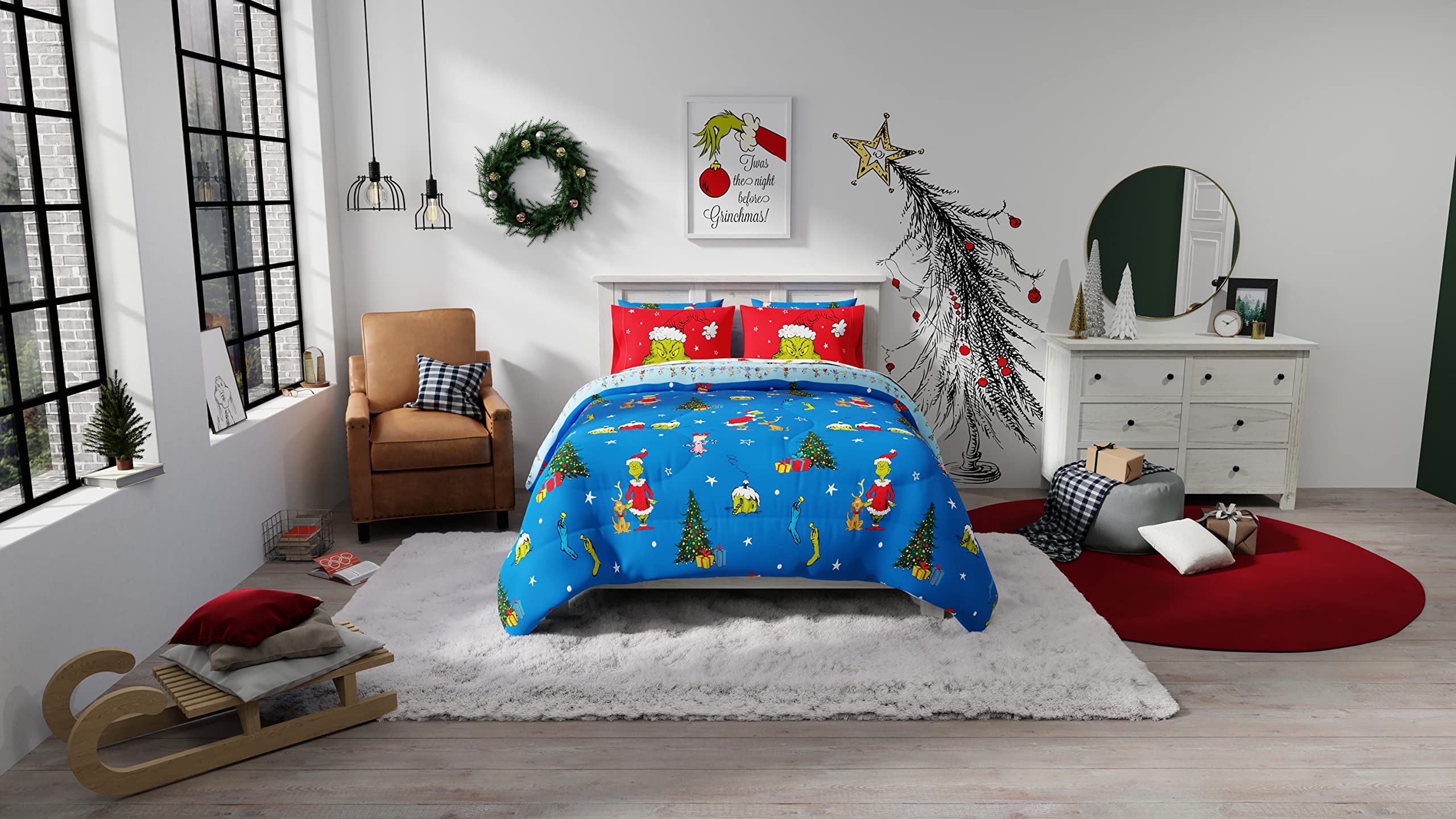 Franco Grinch by Dr. Seuss Holiday & Christmas Bedding Super Soft Comforter and Sheet Set with Sham, 7 Piece Queen Size (Official Dr. Seuss Product)