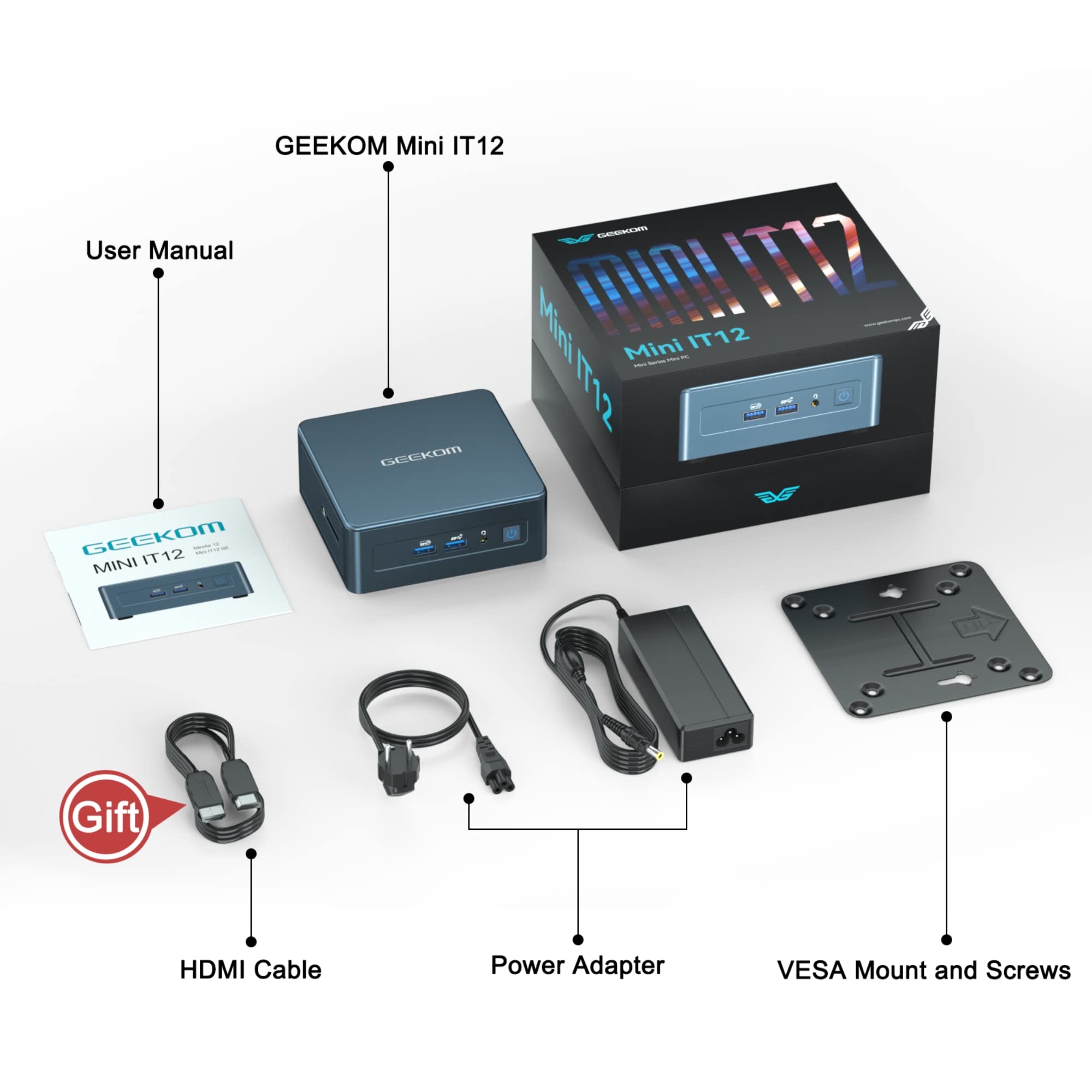 GEEKOM Mini PC Mini IT12, 12th Gen Intel i7-12650H NUC12 Mini(10 Cores,16 Threads) 16GB DDR4/512GB PCIe Gen 4 SSD Windows 11 Pro Desktop PC Support Wi-Fi 6E/Bluetooth 5.2/USB 4.0/2.5G LAN/8K Black