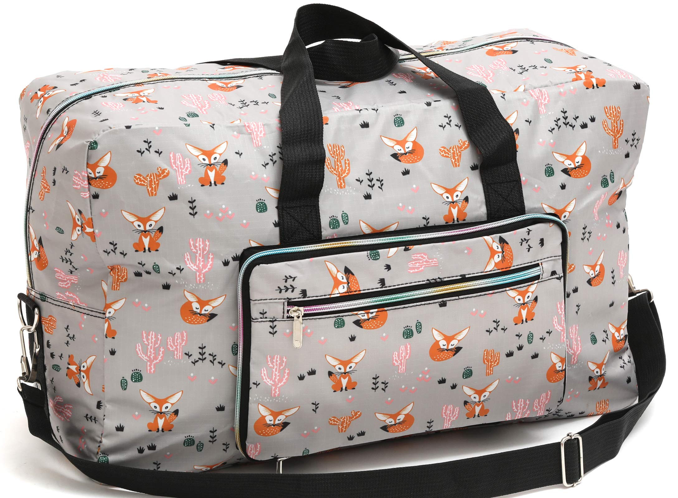 Foldable Large Travel Duffle Bag Waterproof Cute Overnight Carryon Weekender Bag for Women Girl (Grey Fox)