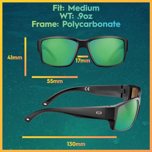 Flying Fisherman Baleen Wrap Around Polarized Sunglasses, Matte Black Frame/Amber-Green Mirror Lens, Medium
