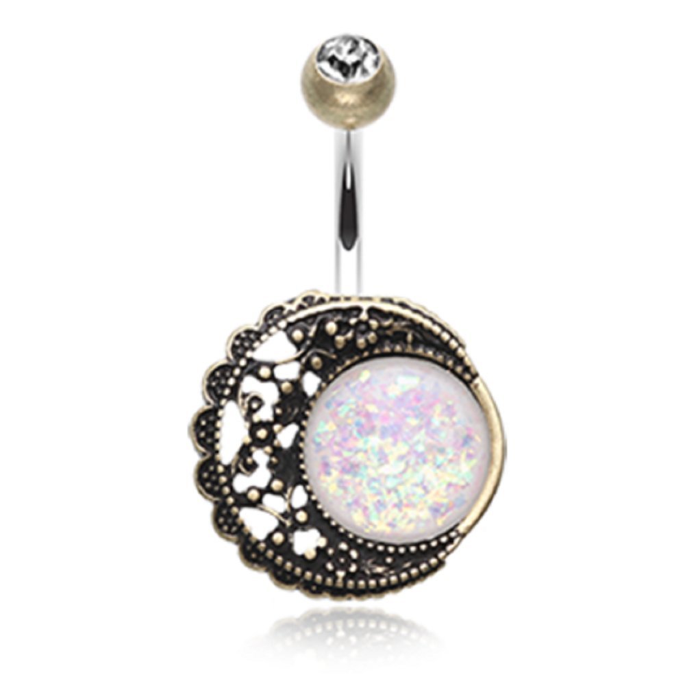 Freedom Fashion Vintage Boho Filigree Moon Opal 316L Surgical Steel Belly Button Ring (Sold Individually)