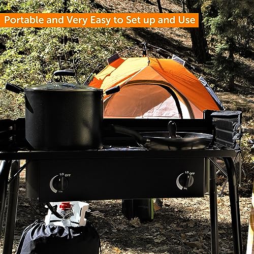 Flame King Outdoor Propane Double Dual Burner Stove 200K BTU Turkey Fryer/Camp Cooker, Portable with Stand Great for Backyard Cooking, Home Brewing & Canning