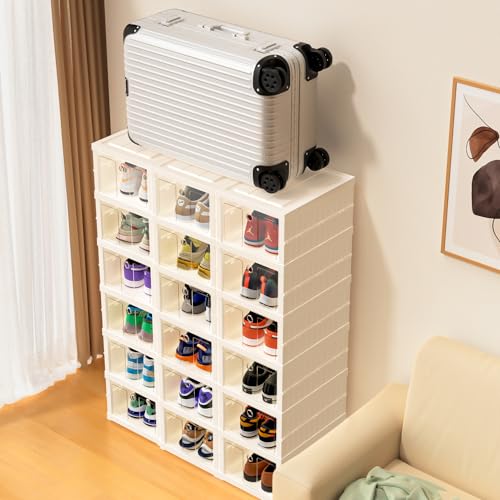 Foldable Shoe Storage Box, 6 Tier Plastic Shoe Storage Cabinet Organizer with Clear Door for Entryway, Shoe Sneaker Storage Containers Fit up to US Size 12, All-in-One