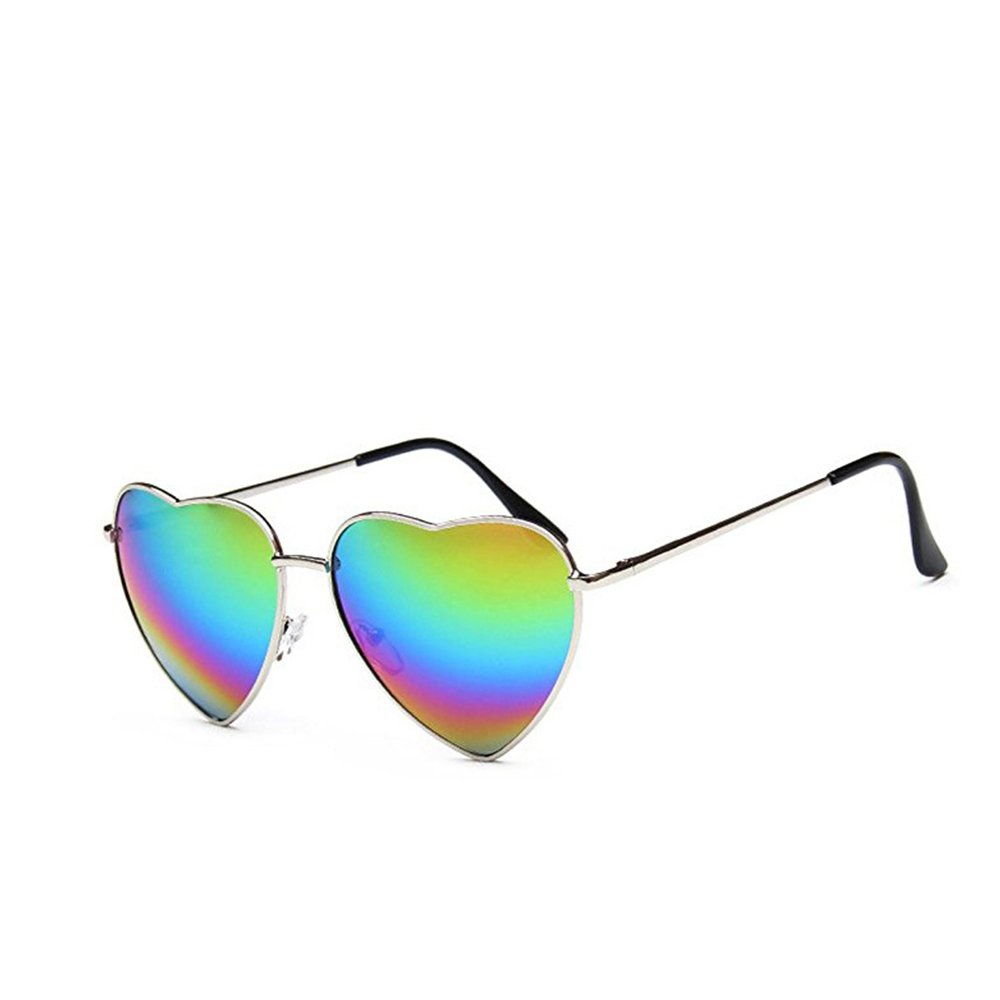 Meyison Vintage Heart Shaped Sunglasses Thin Metal Frame Cute Aviator Style Eyewear for Women or Men with 100% UV Protection (Silver frame/mirror muticolored lens)