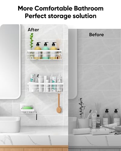 POKIPO Shower Caddy 5 Pack, Adhesive Shower Organizer with Soap Dishes & Toothbrush Holder & 20 Hooks, Large Rustproof Stainless Steel Bathroom Shower Shelf for Inside Shower Storage Decor, White