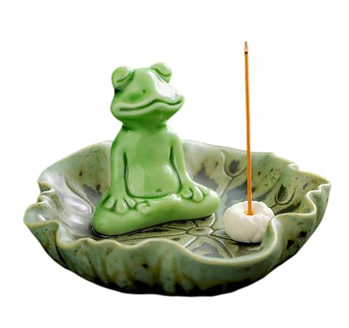 FKOG Cute Ceramic Frog Incense Holder for Sticks, Tree Frog Yoga Meditation Incense Sticks Holder, Lotus Leaf Incense Burner with Ash Catcher for Massages Aromatherapy (Green)
