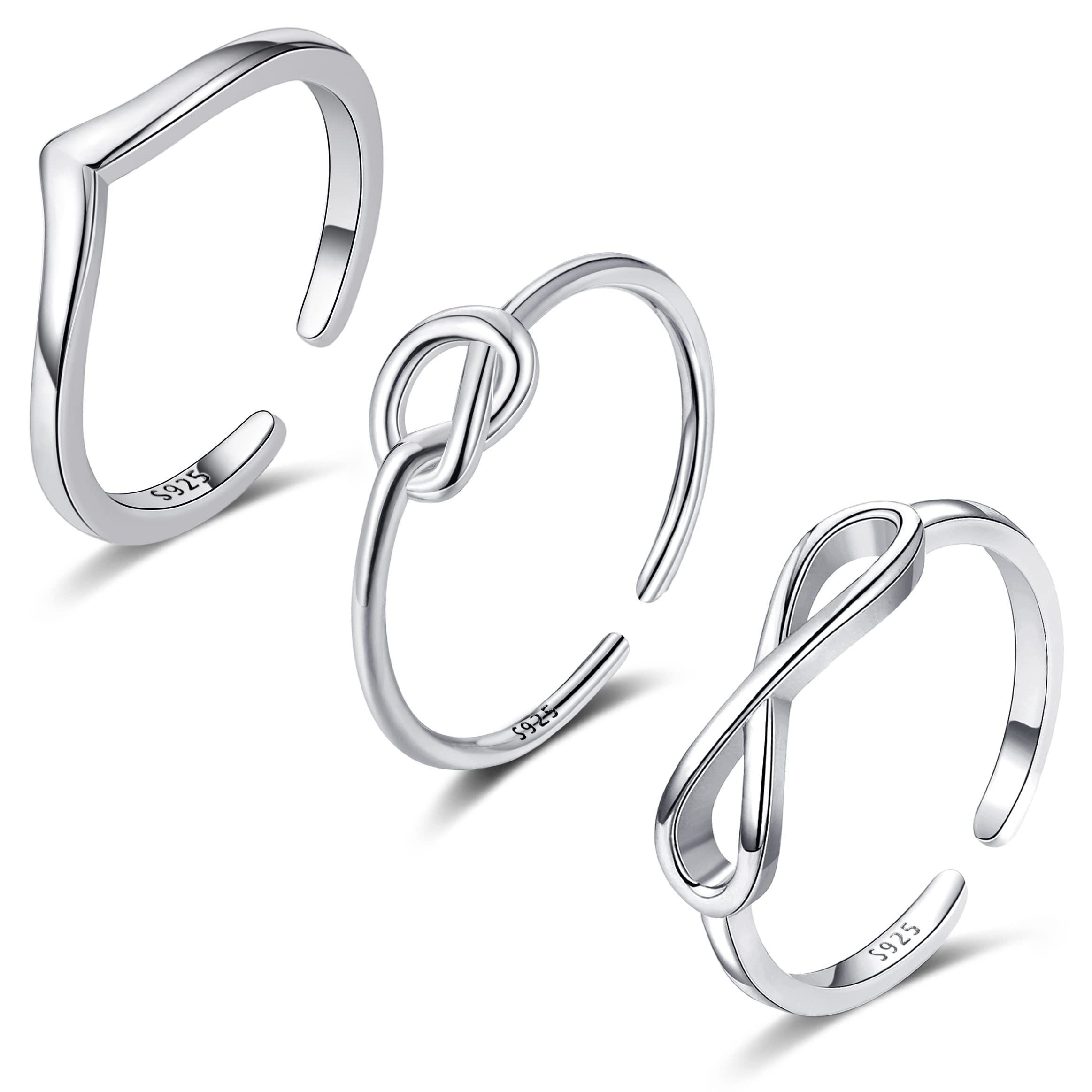 FUNEIA 3PCS S925 Sterling Silver Knuckle Rings for Women Adjustable Stacking Thumb Silver Ring Set Cubic Zirconia Butterfly Arrow Knot Hug Hands Dainty Open Rings Pack