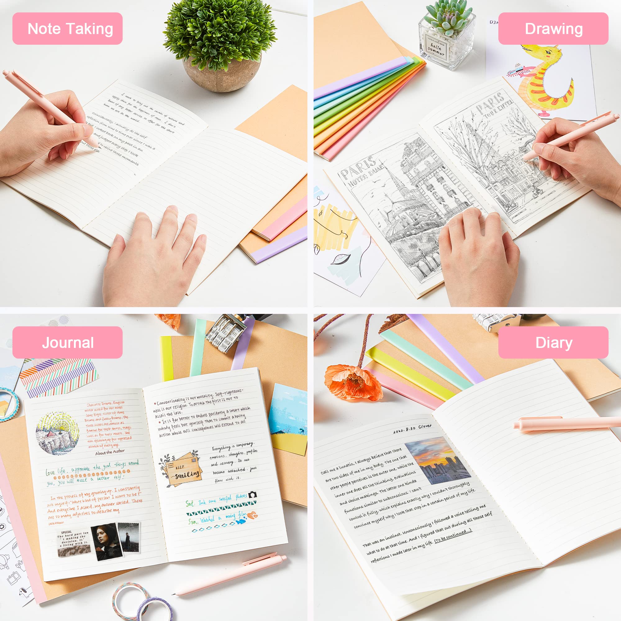 feela 56 Pack Composition Notebooks Bulk, Kraft Cover Lined Blank College Ruled Composition Travel Journals with Rainbow Spines For Women Students Business, 60 Pages, 8.3”x 5.5”, A5, 8 Pastel Colors