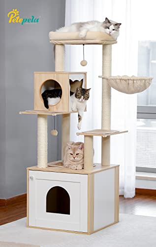 PETEPELA Modern Cat Tree Wood Cat Tower with Storage Cabinet Litter Box Enclosure and Spacious Cat Condo, Large Top Perch and Hammock, Sisal Covered Scratching Posts for Cats Beige