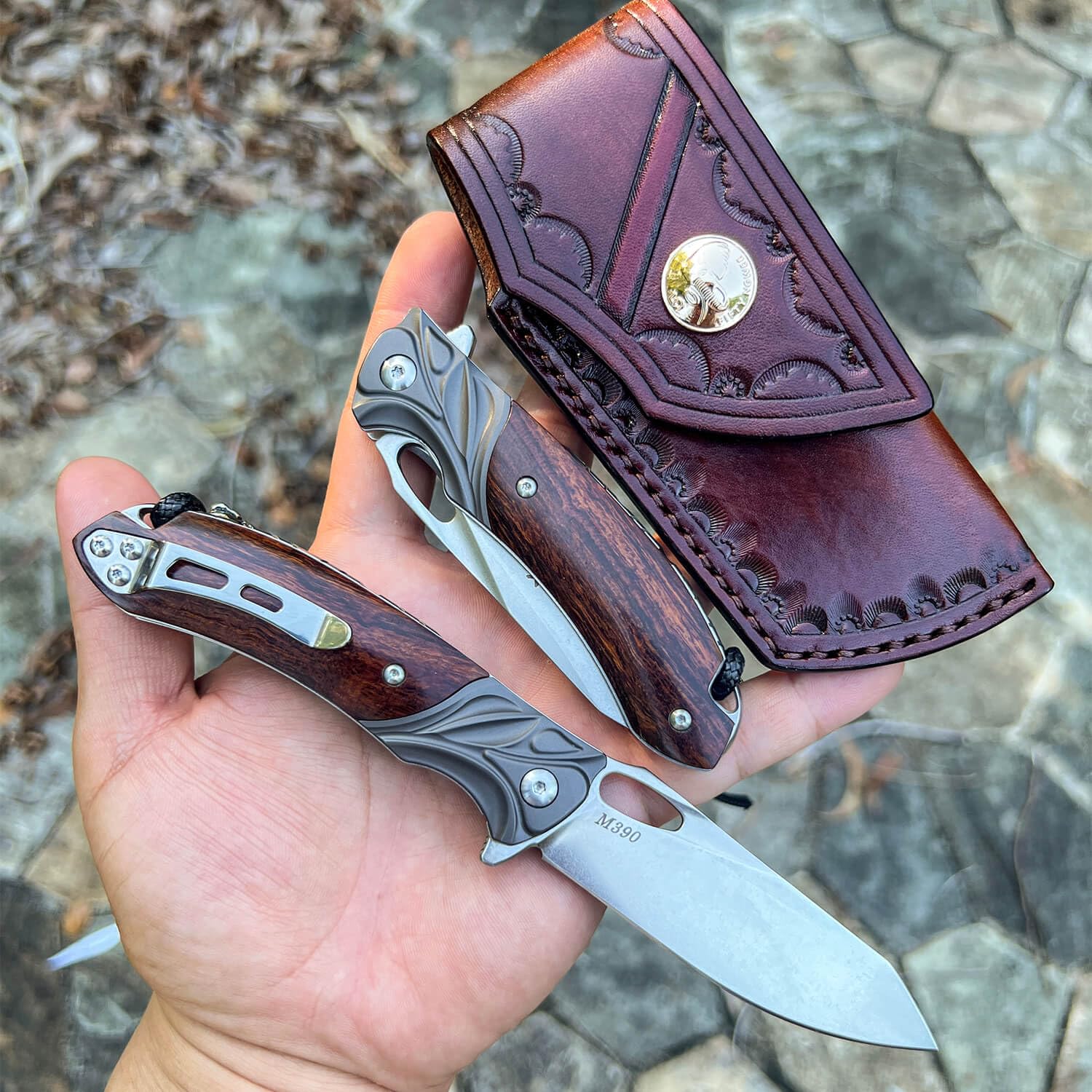 FORESAIL Folding Pocket Knife, 3.26" M390 Steel Blade Desert Ironwood Handle Small EDC Knife with Pocket Clip and leather case,Camping Survival Hiking Tool (Raffir Handle)