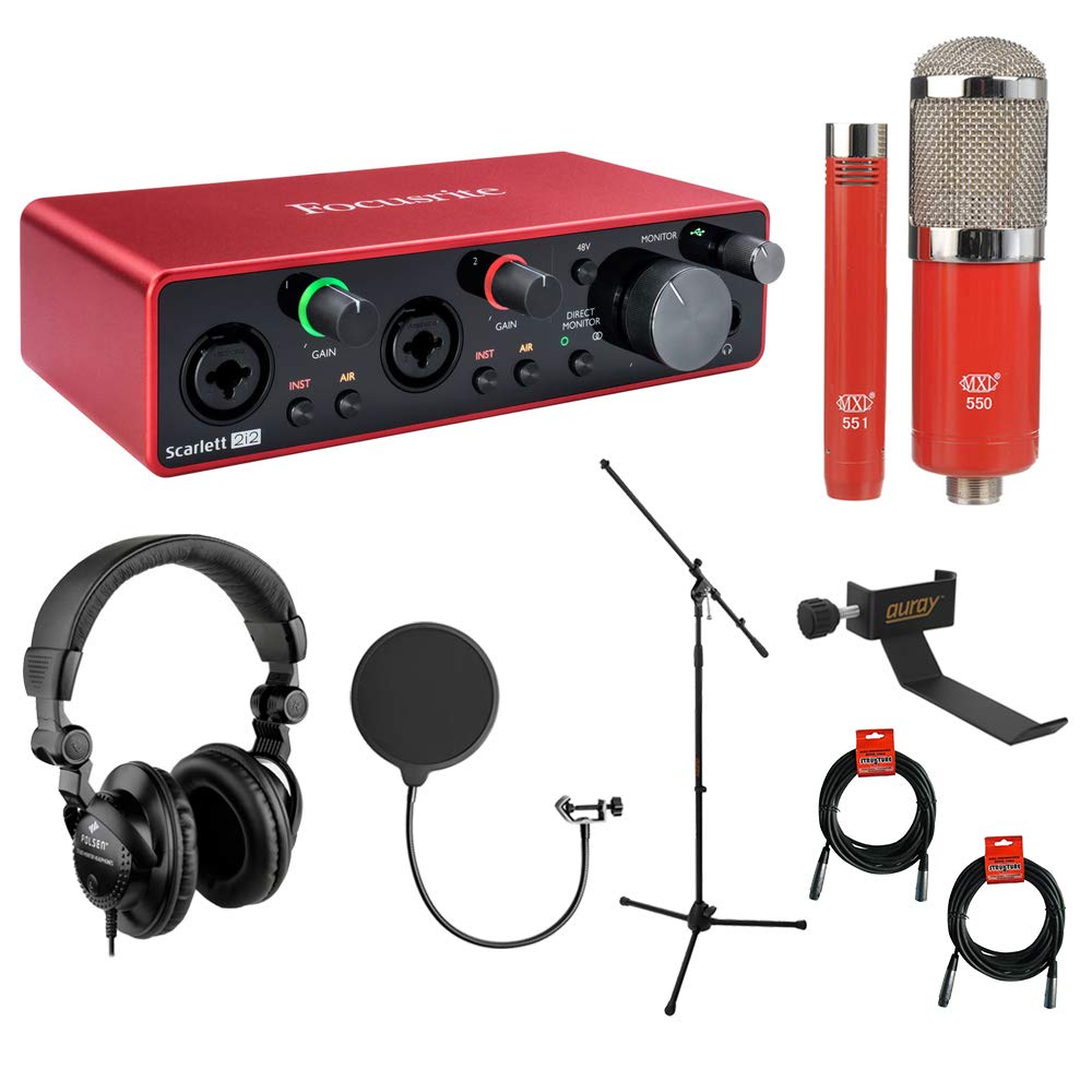 Focusrite Scarlett 2i2 3rd Gen 2-in, 2-out USB Audio Interface with MXL 550/551 Mic Ensemble (Red), Headphones, Pop Filter, Headphone Holder, Mic Stand & 2x XLR Cable Bundle
