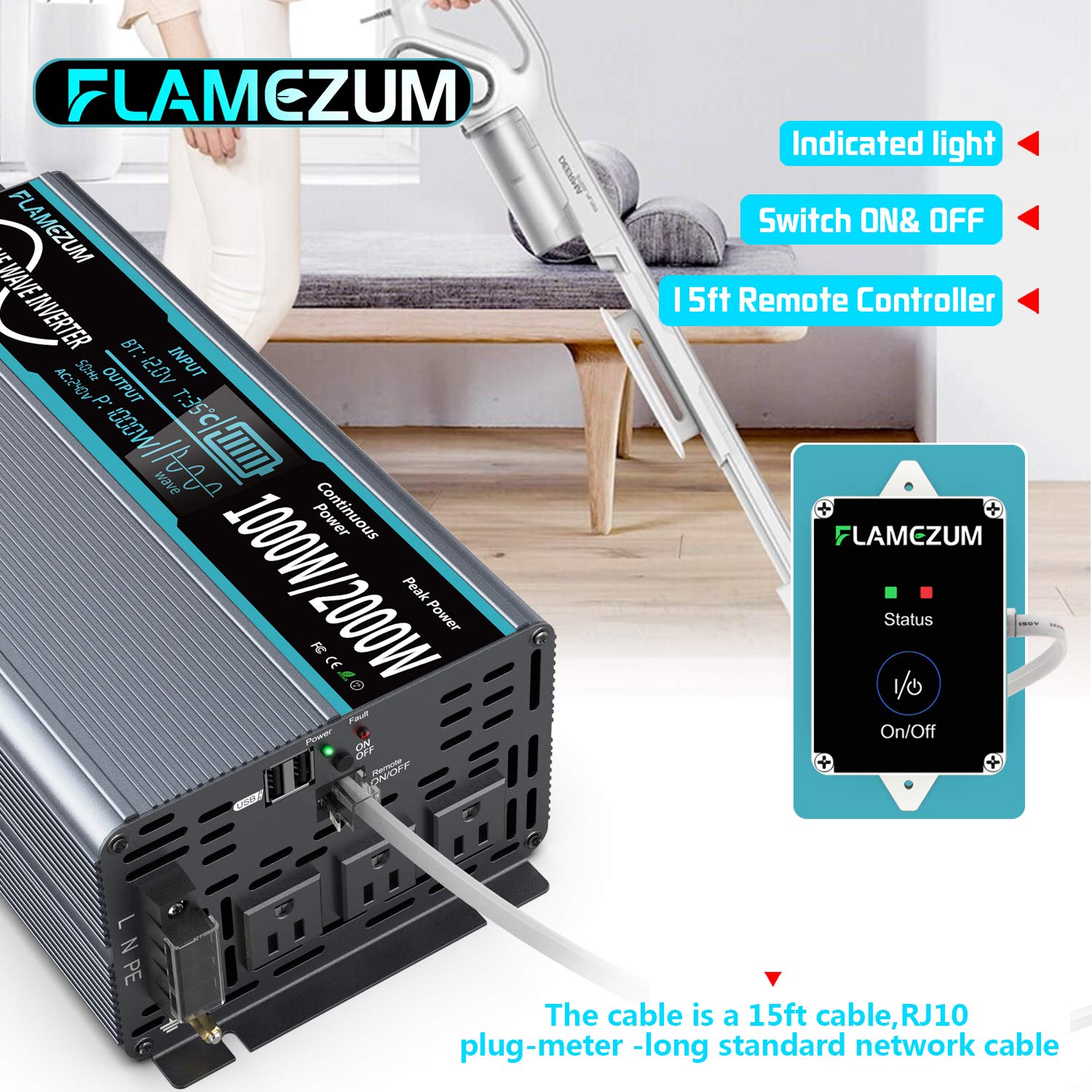 FLAMEZUM 1000W Continuous/2000W Peak Pure Sine Wave Inverter DC 12V to AC 110V Car Power Inverter with Remote Control 3 AC Outlets & 2A USB Output