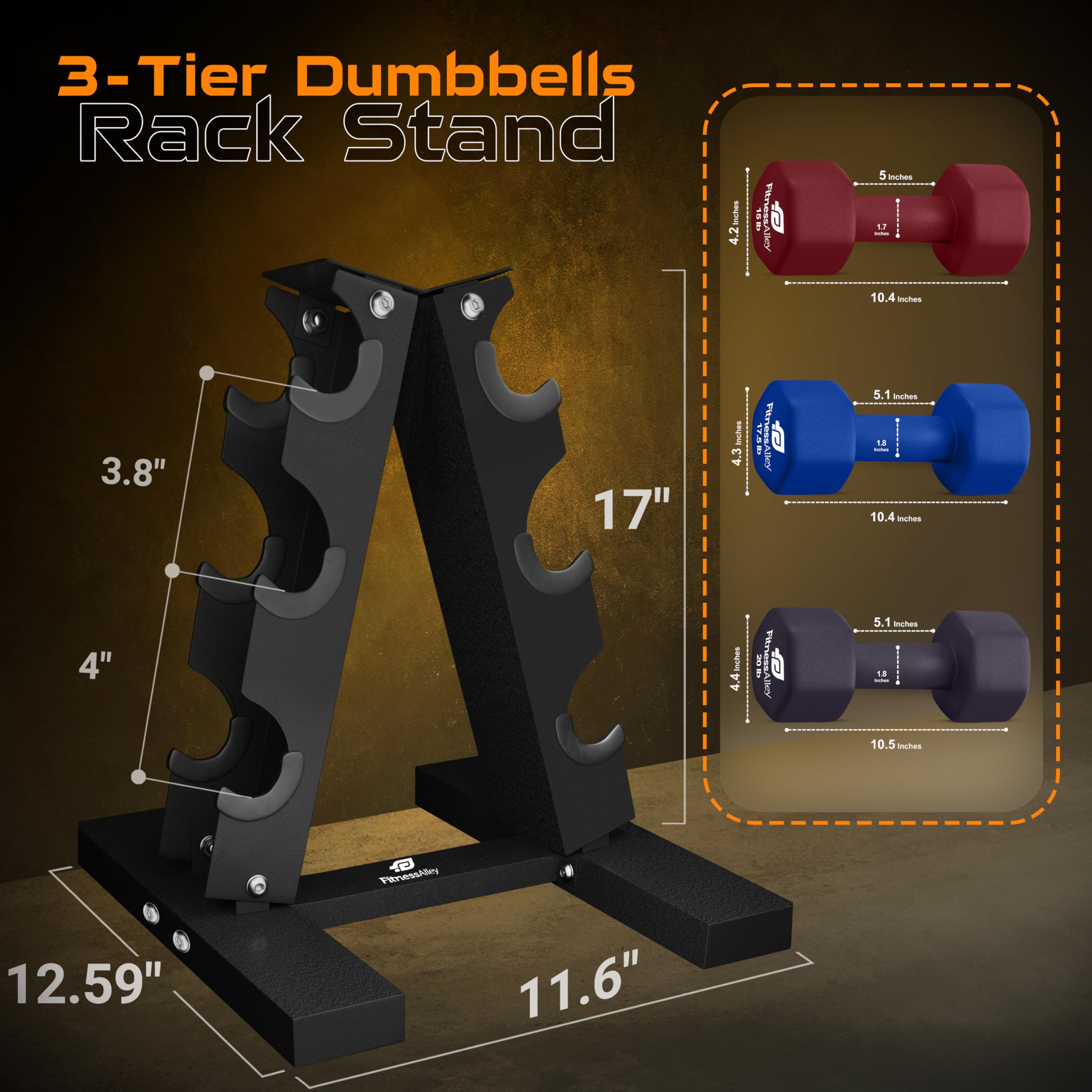 Fitness Alley Neoprene Dumbbells A Frame Rack - Free Weights Hex Hand Weights - Gym Exercise 5 Pairs Set (3lb, 5lb, 8lb, 10lb, 12lb) with 5 Tier Rack