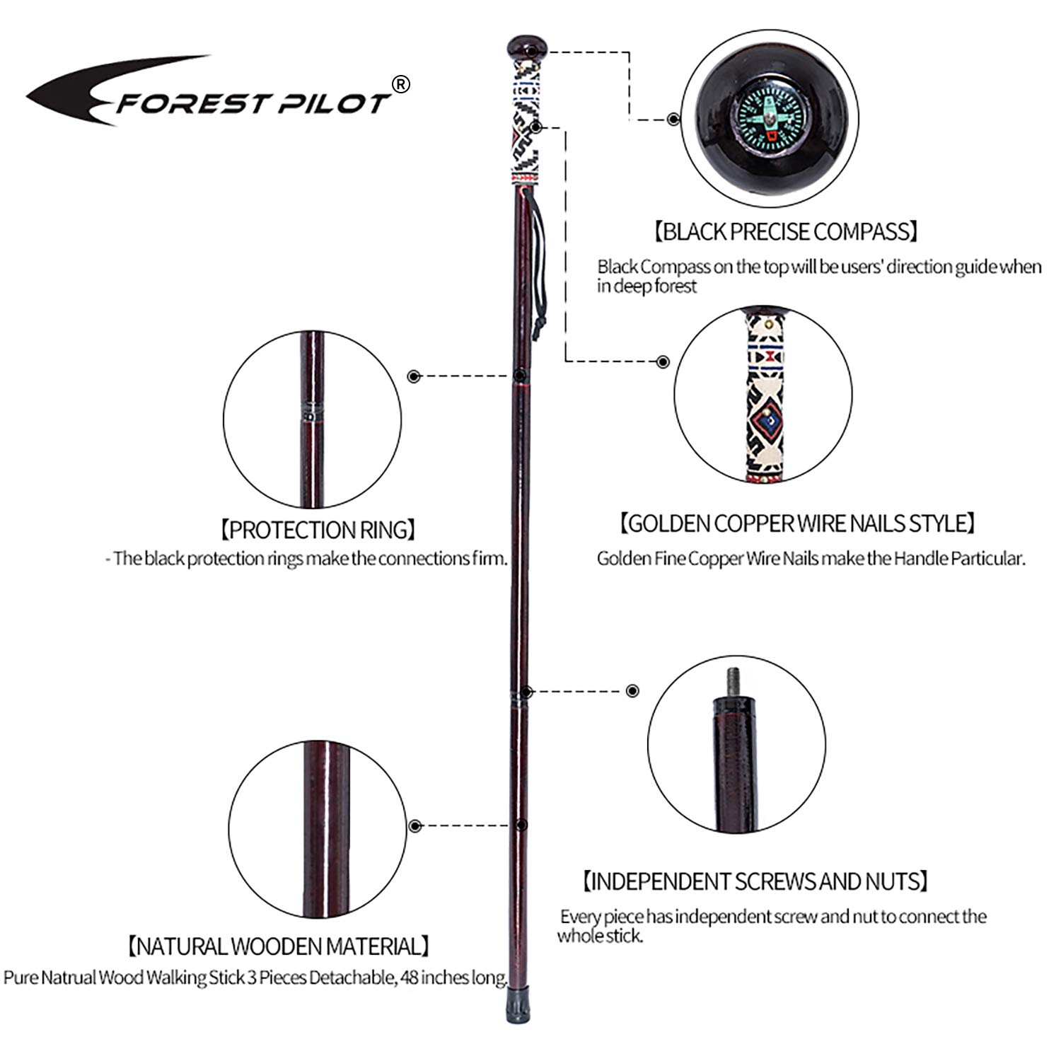 FOREST PILOT 3 Pieces Detachable Hardwood Walking Stick Cross Head with a Compass (Nature Color, 48 Inches, 1 Piece)…