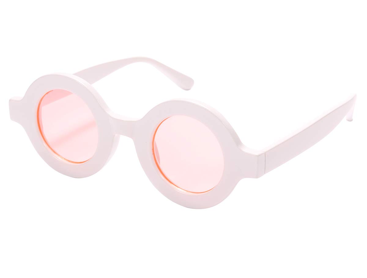 Fuaisi Retro Fashion Oversized Thick Bold Frame Round Sunglasses Anti-UV Outdoor Colorful Glasses (White Frame/Pink Lens)