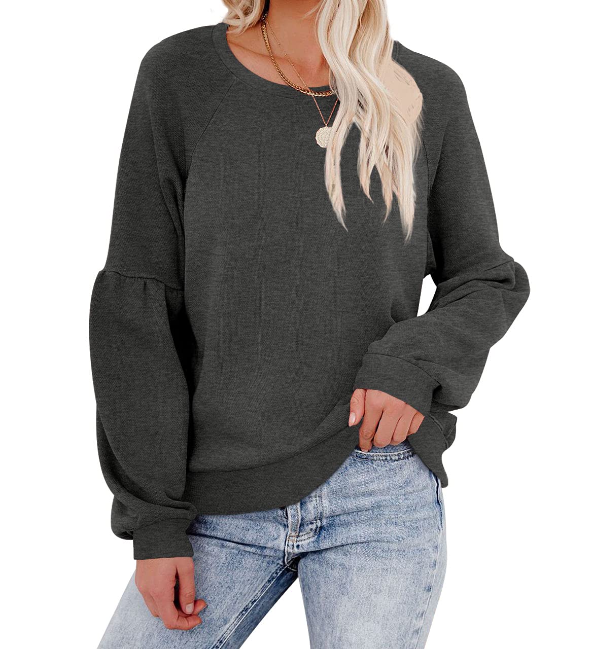 For G and PL Women's Soft Balloon Sleeve Blouse Long Sleeve Cotton Round Neck Solid Raglan Sweatshirts Dark Grey L