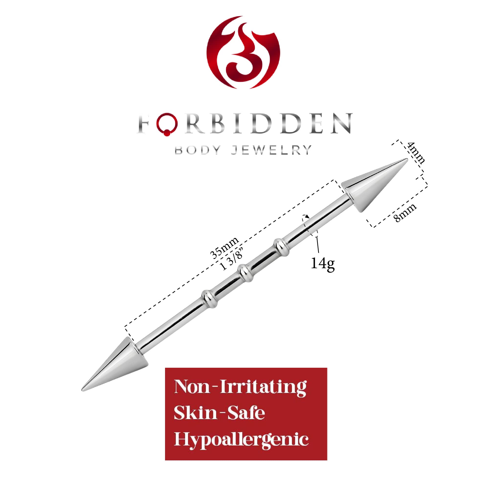 Forbidden Body Jewelry 14G Surgical Steel 1 3/8 Inch (35mm) Notched Industrial Piercing Spiked Barbell