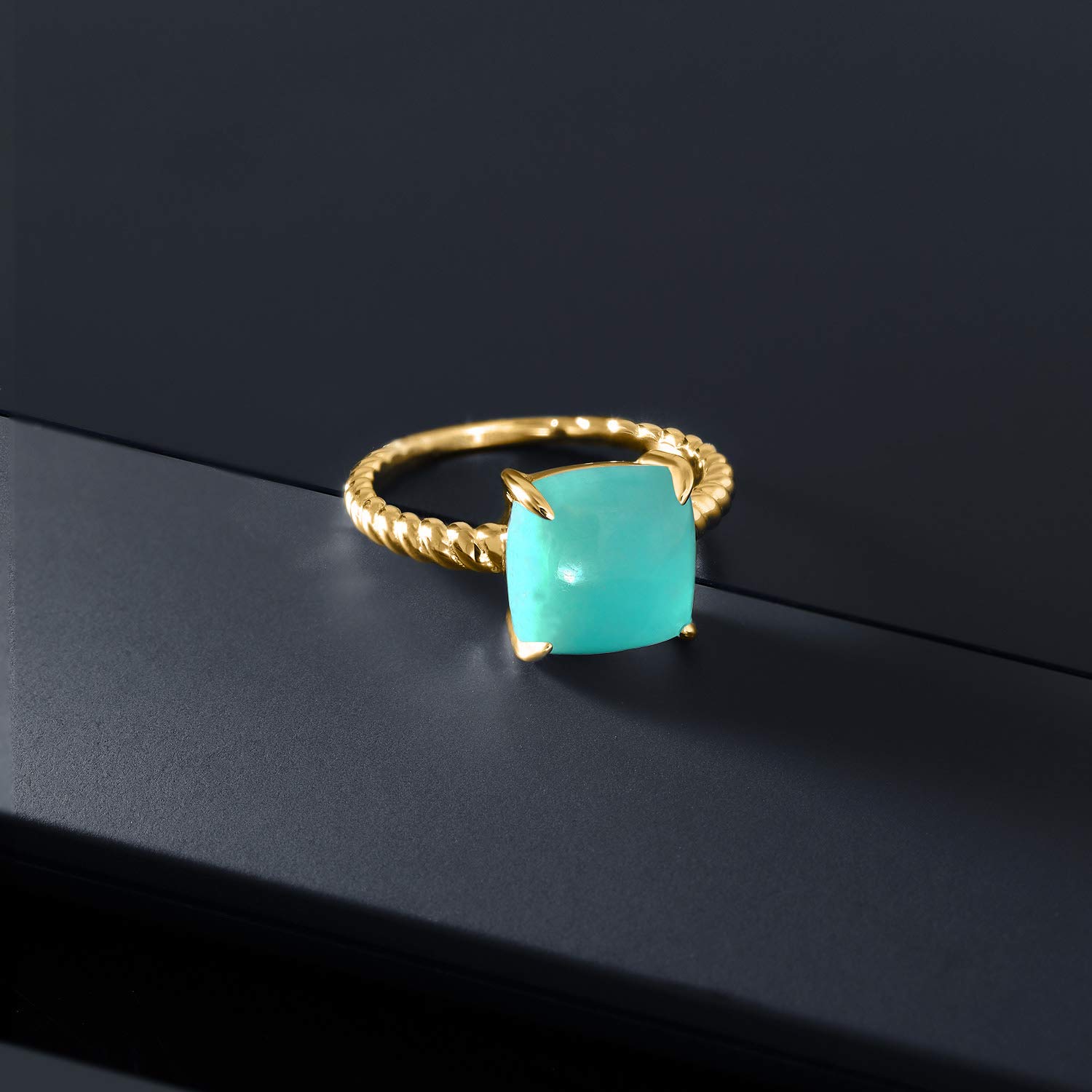 Gem Stone King 18K Yellow Gold Plated Silver Sleeping Beauty Turquoise Women Ring (10MM Square Cabochon, Available in size 5, 6, 7, 8, 9)