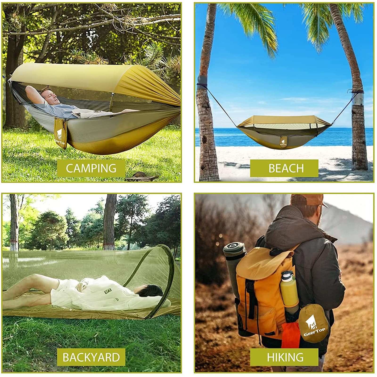 GEERTOP Portable Camping Hammock with Net Lightweight Backpacking Hammock with Tree Straps for Outdoor Camp, Hiking, Beach, Backyard