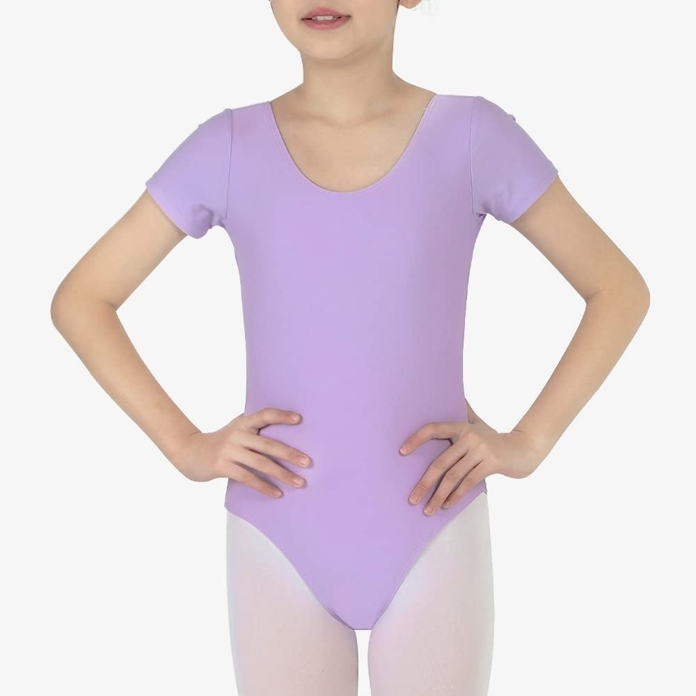 Freemasoner Gymnastics Leotard for Girls Ballet Dance Short Sleeve for 6-12 Years Old Light Purple & Black