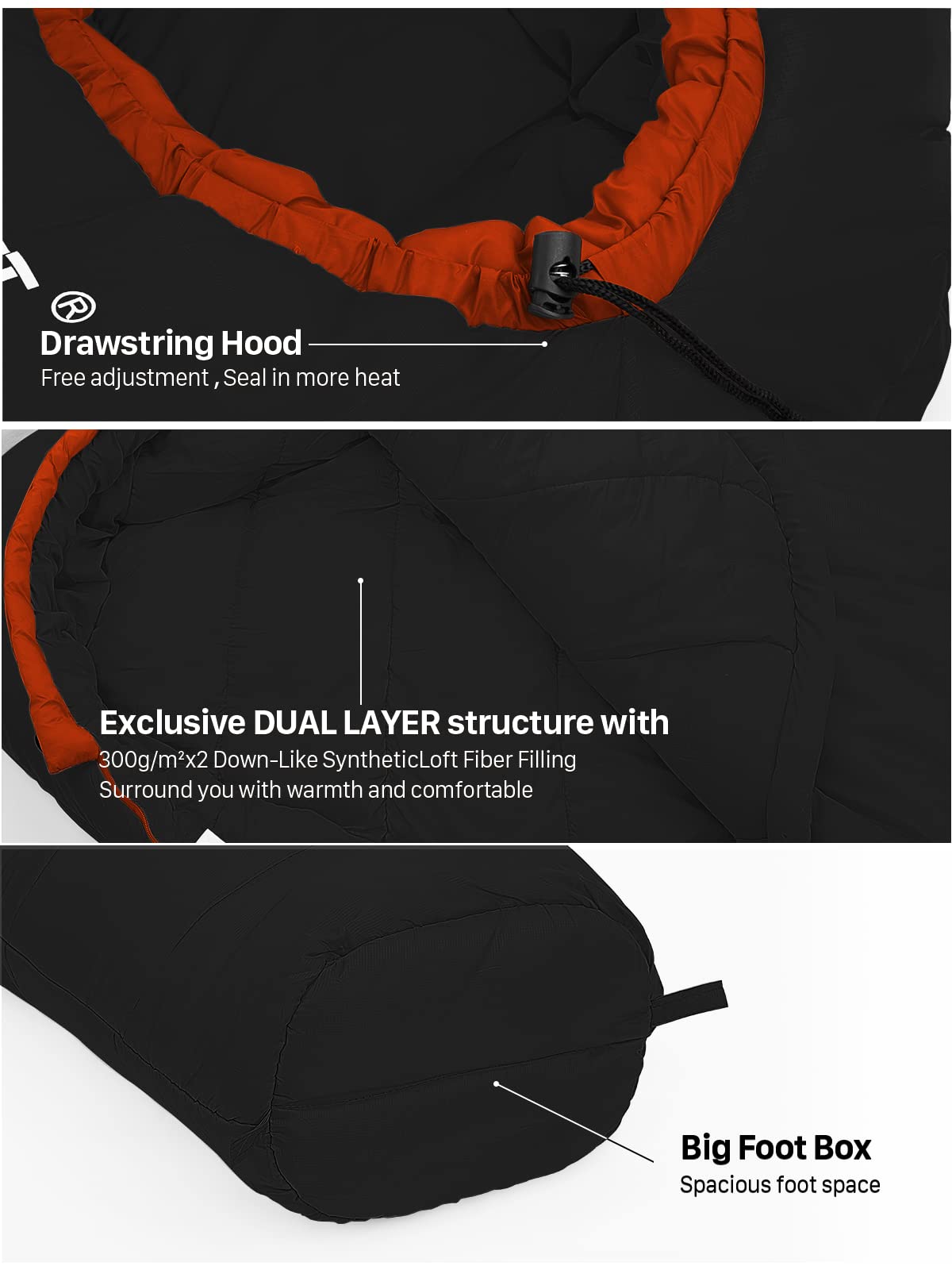 Forceatt Mummy Sleeping Bag for 3-4 Seasons,Use Temperature is 14°F-59°F, Backpacking Sleeping Bag for Adults and Kids,Warm,Tearproof and Waterproof,for Camping (Thickened-Black & Red)
