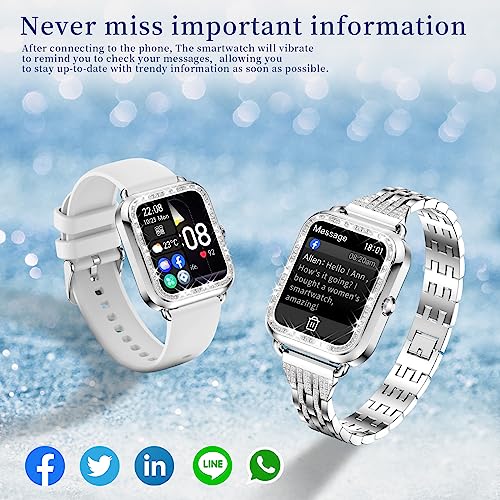 Smart Watch for Women Diamonds(Answer/Make Call),1.29''HD Touch Screen Smart Watch Android,Fitness Tracker with Heart Rate/Blood Oxygen/Sleep Monitor,Waterproof Smartwatch 3 Strap (Diamond Silver)