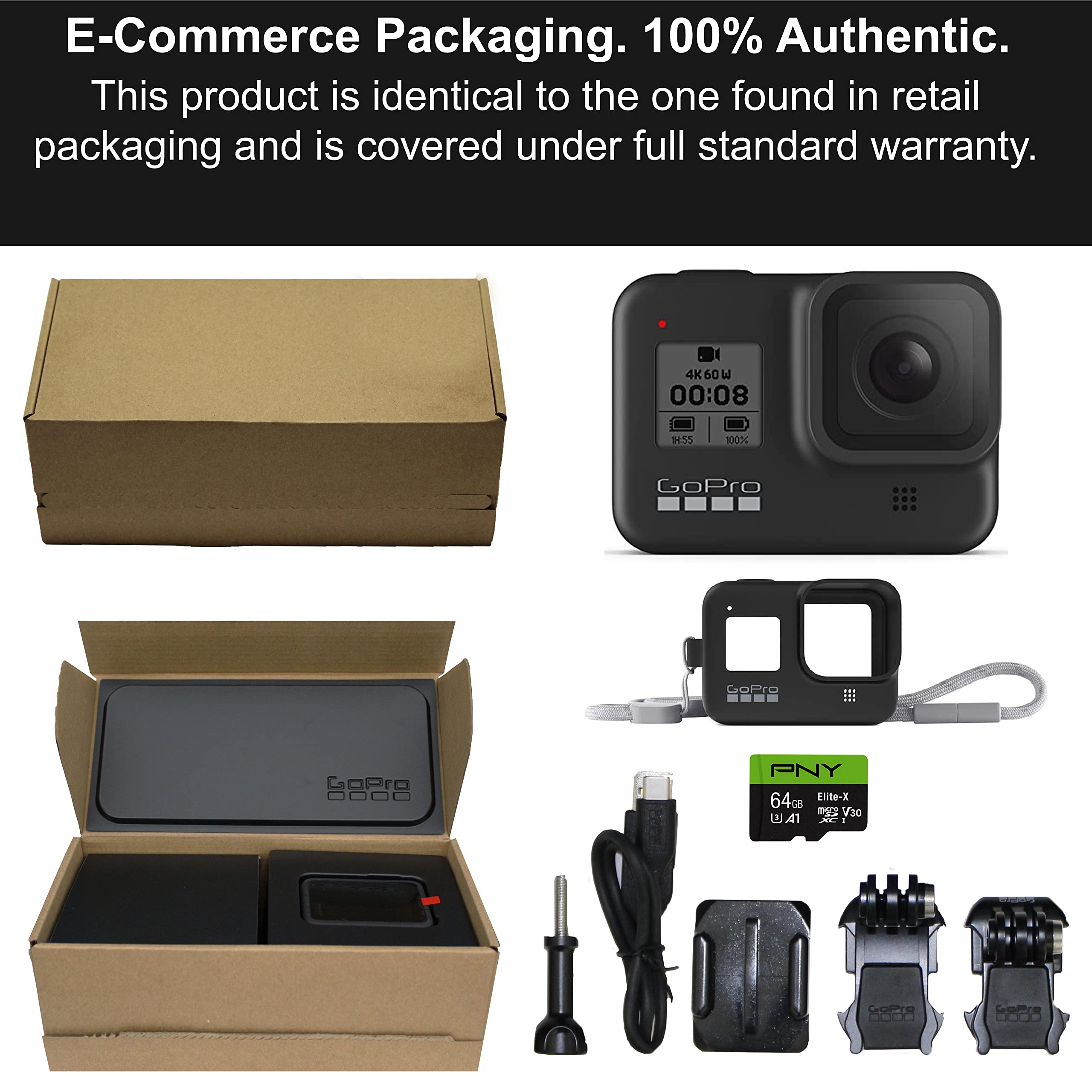 GoPro HERO8 Black + Lanyard + 64 GB SD Card - E-Commerce Packaging - Waterproof Digital Action Camera with Touch Screen 4K HD Video 12MP Photos Live Streaming Stabilization
