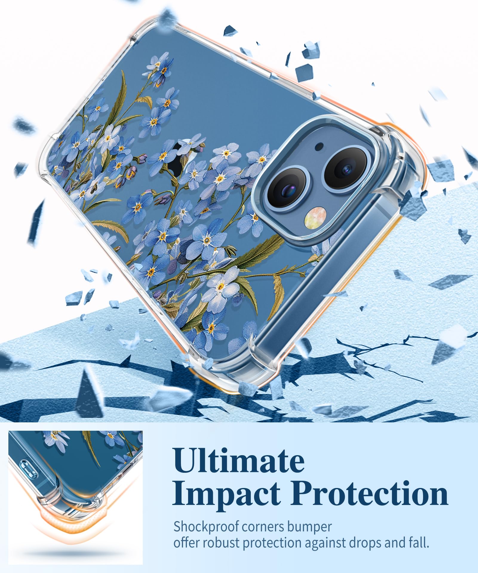 GVIEWIN Designed for iPhone 13 Case 6.1 Inch, with Tempered Glass Screen Protector + Camera Lens Protector Clear Flower Soft & Flexible Shockproof Floral Women Phone Cover (Heart/Pink)