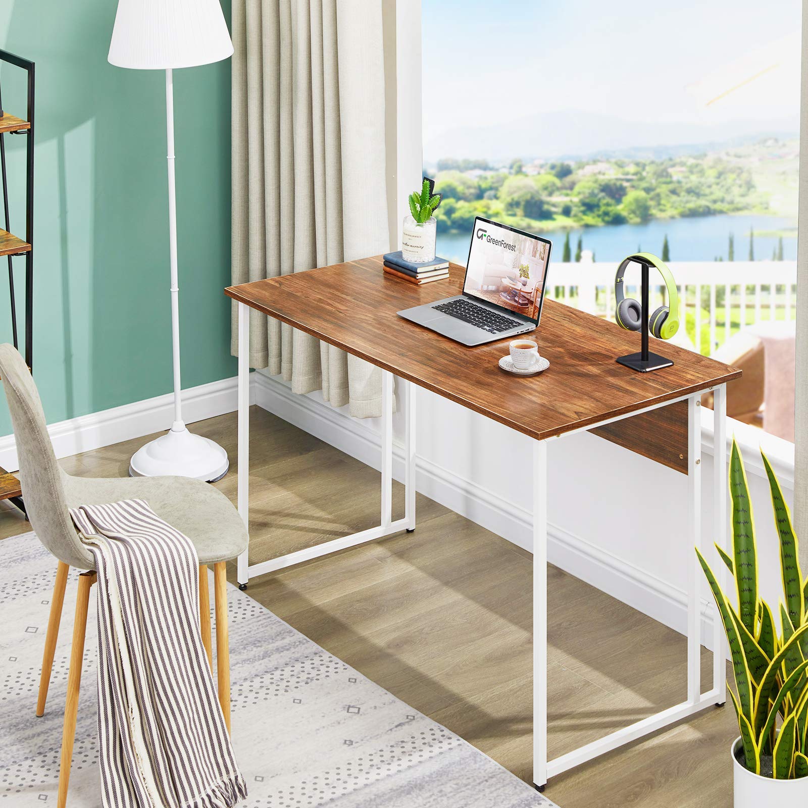 GreenForest 47" Computer Writing Desk, Small Study Desk for Small Spaces, Modern Simple Home Office Working Table for Bedroom and Domitory,with White Metal Legs, Walnut