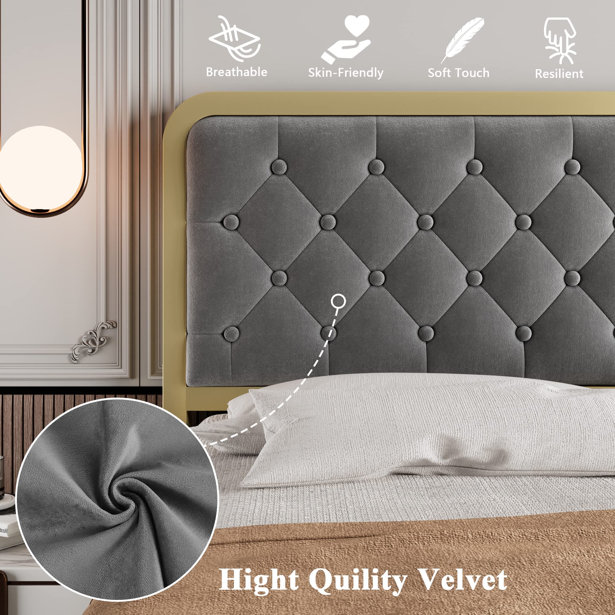 Feonase Queen Size Platform Bed Frame with Heavy-Duty Steel Slats, Velvet Upholstered Bed Frame with 12" Storage Space, No Box Spring Required, Noise Free, Easy Assembly, Golden and Gray