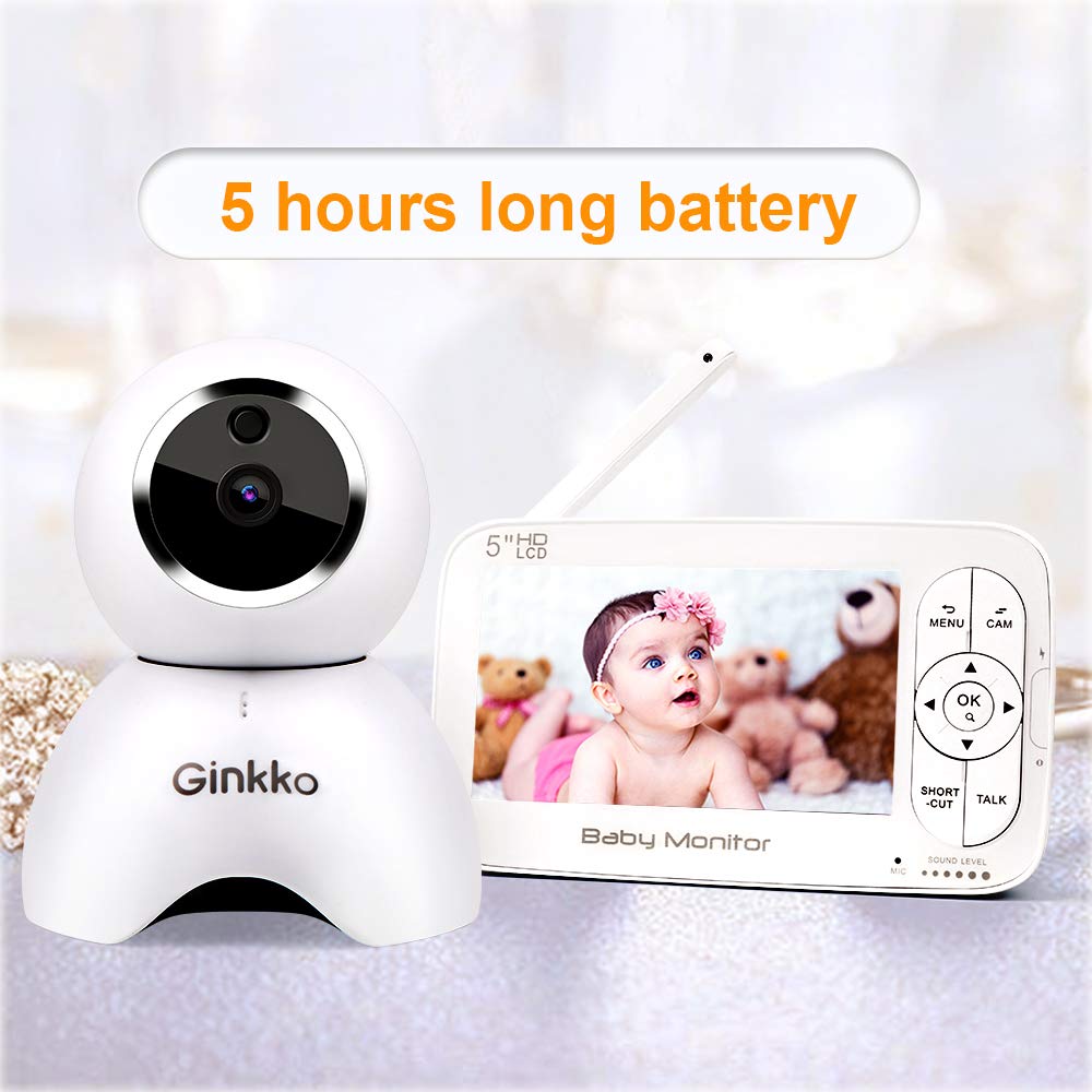 Ginkko Baby Monitor, 5" HD LCD,720P HD Digtal Color Video,Support 4 Camera with 110° Wide Angle,1000ft Range,Night Vision,Sound Detection,Temperature Alarm,Two-Way Audio,Sleep Mode,Feeding