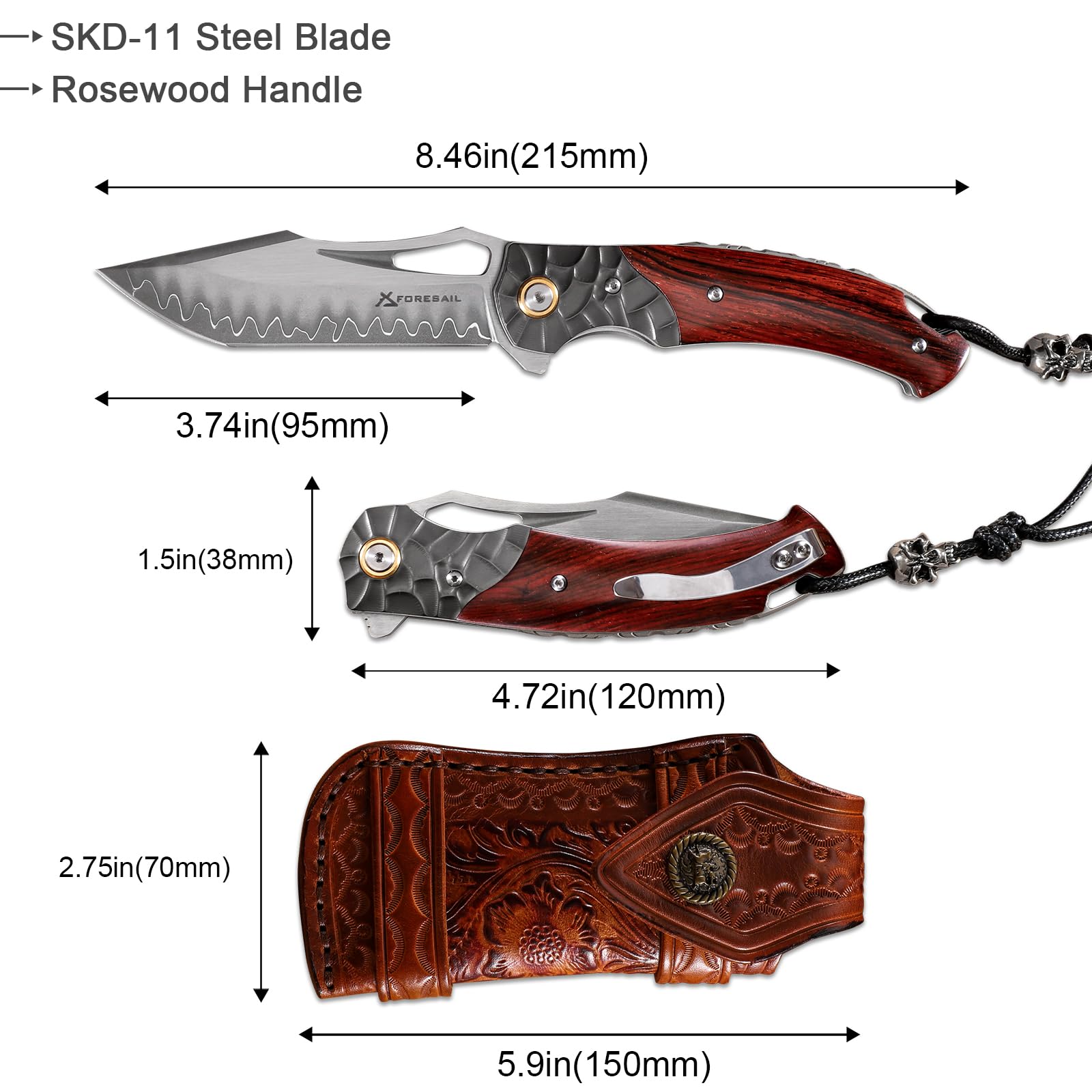 FORESAIL Flipper Folding Pocket Knife,SKD11 Steel Blade and Wood Handle. With leather case,men's Tactical pocket knife hiking trip EDC tool Knife. (Rosewood Handle)