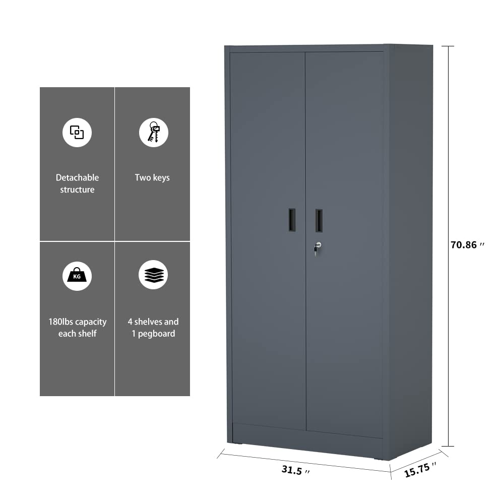 Garage Storage Cabinet Metal Storage Cabinet with 2 Doors and 4 Adjustable Shelf Height and Leg Levelers for Office, Home, School, Garage (Dark Gray, 43 inch)