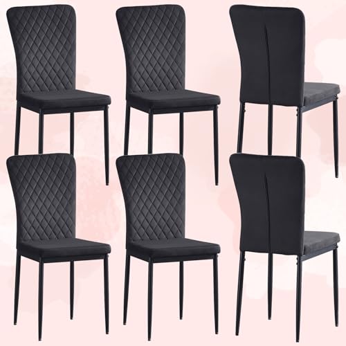 FENZARD Set of 6 Living Room Chairs Dining Chairs with Velvet, High Back, Metal Frame and Modern Lattice Design for Living Room, Dining Room,Black
