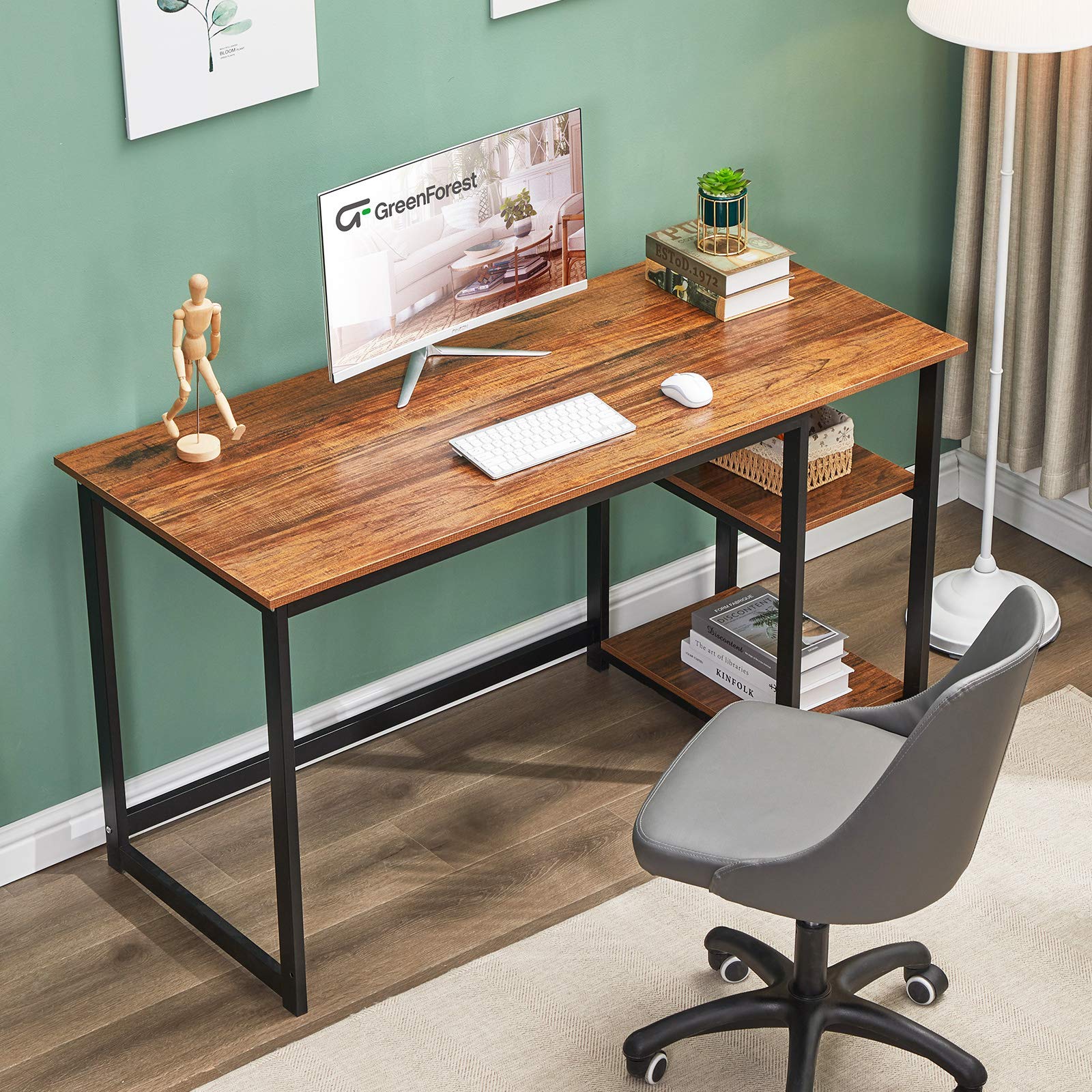 GreenForest Computer Desk with Shelves 55 inch Large Home Office Desk for Writing Study Modern PC Workstation,Easy Assembly,Walnut