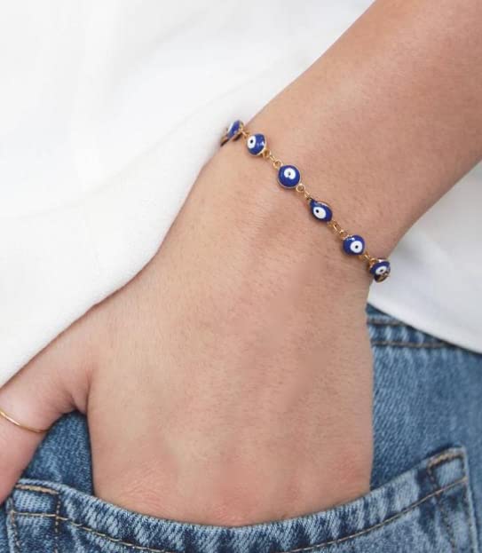 fremskre Evil Eye Bracelets Unique Mini Gold Plated Bracelet for Women - Blue