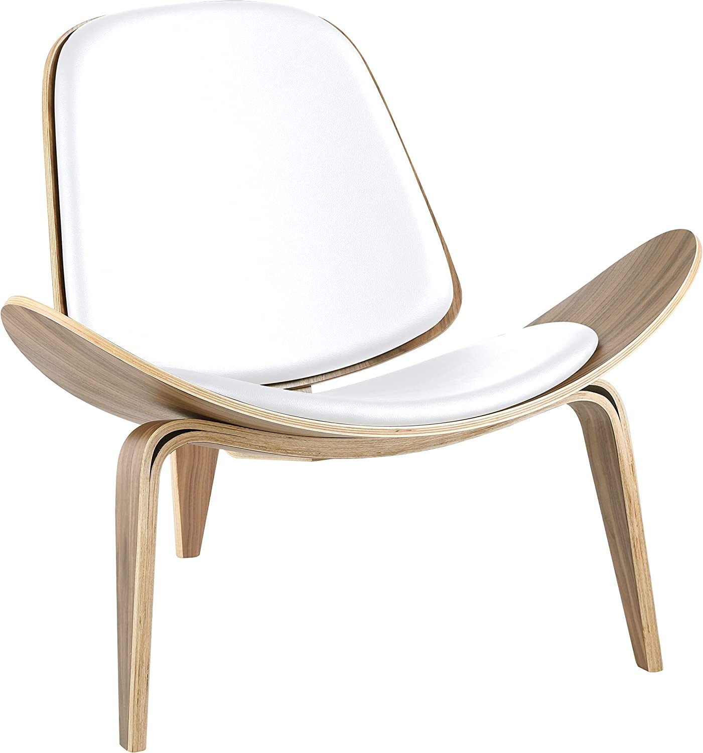 First of a Kind Lounge Chair for Living & Study Room - Faux Leather Tripod Plywood Solid Wood Shell Chairs - Modern Classic Mid Century Design - White